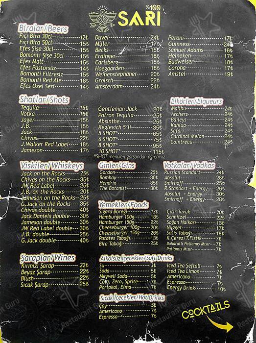 Menu at Sarı, Istanbul, Caferağa Mah. Dr. Esat Işık Cd. No:28/B