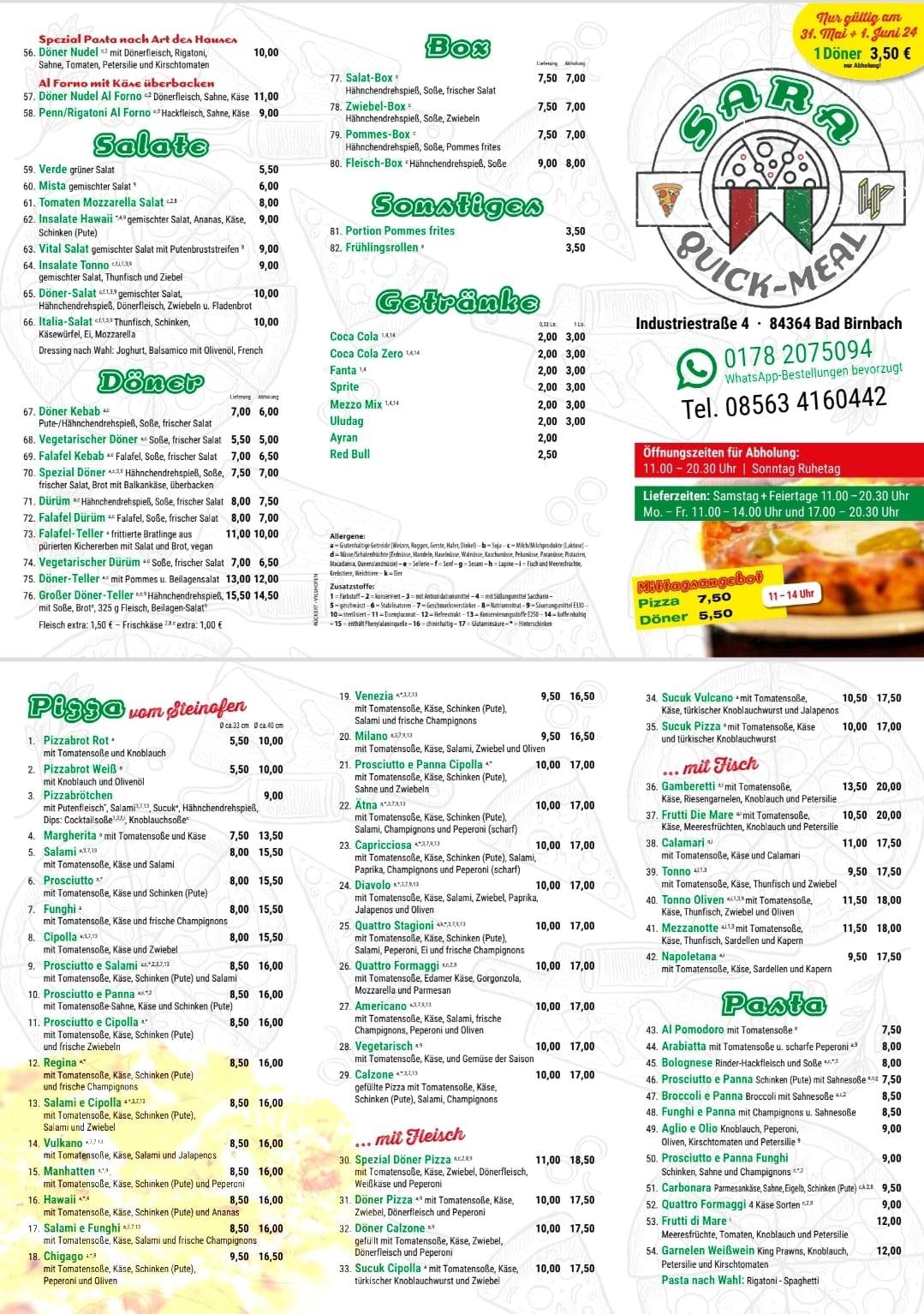 Speisekarte von Sara Quick-Meal restaurant, Bad Birnbach