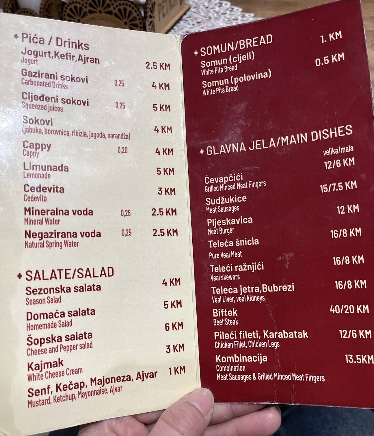 Menu at Ćevabdžinica Petica Ferhatović restaurant, Sarajevo