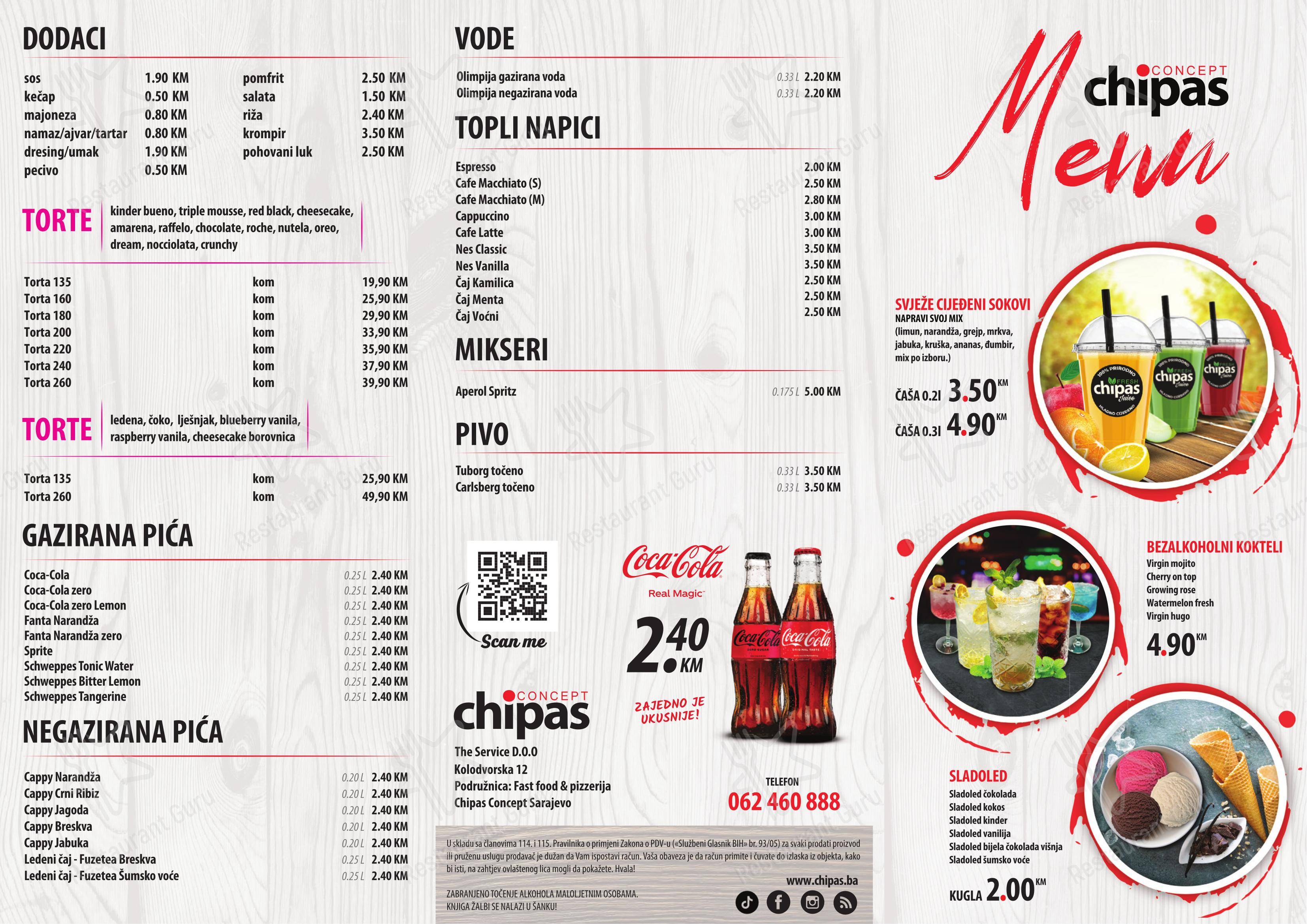 Menu at Chipas restaurant, Sarajevo