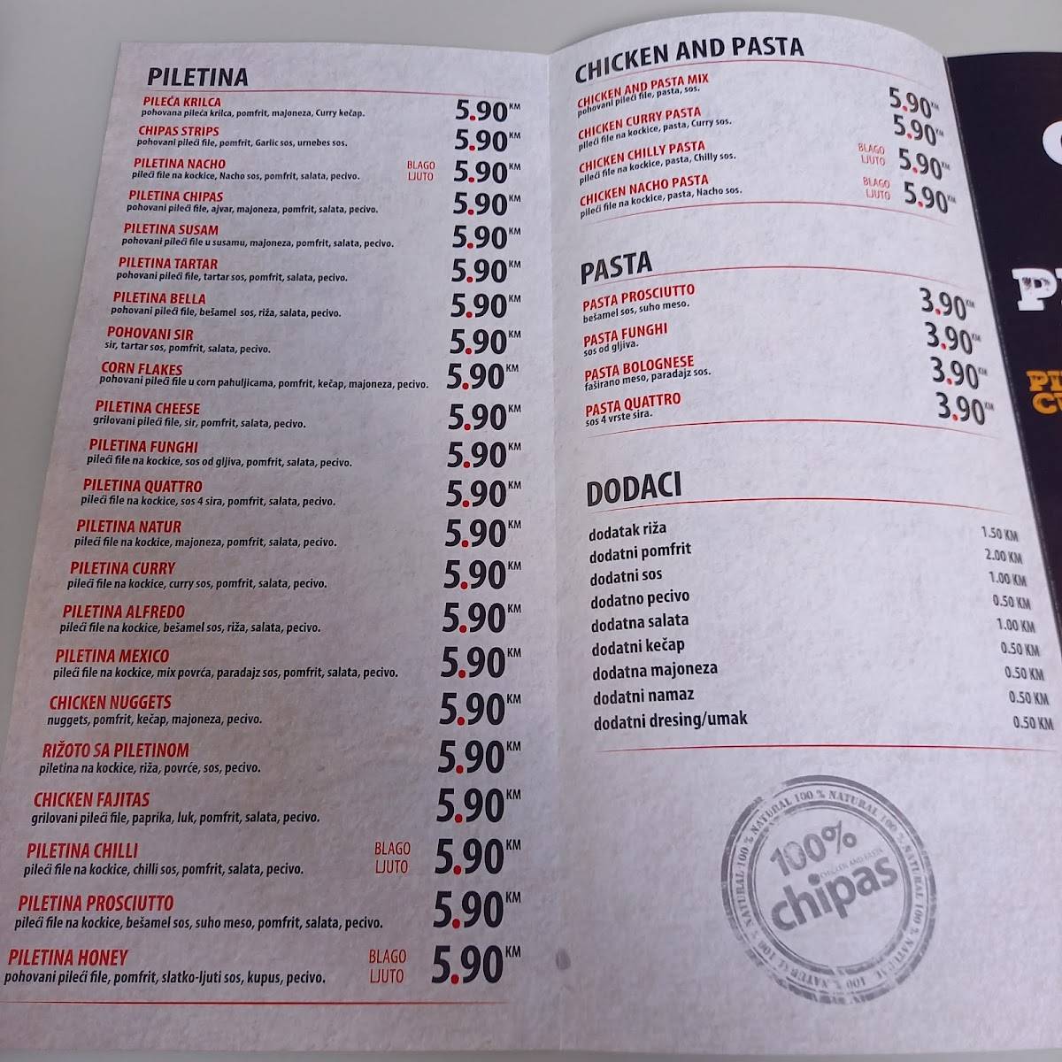 Menu at Chipas restaurant, Sarajevo
