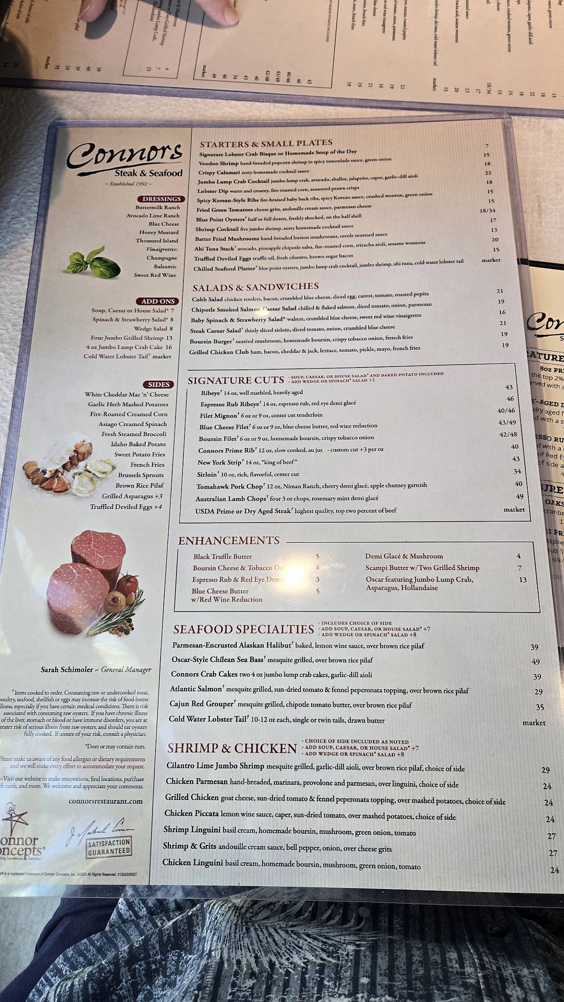 Menu at Connors Steak & Seafood steakhouse, Sarasota