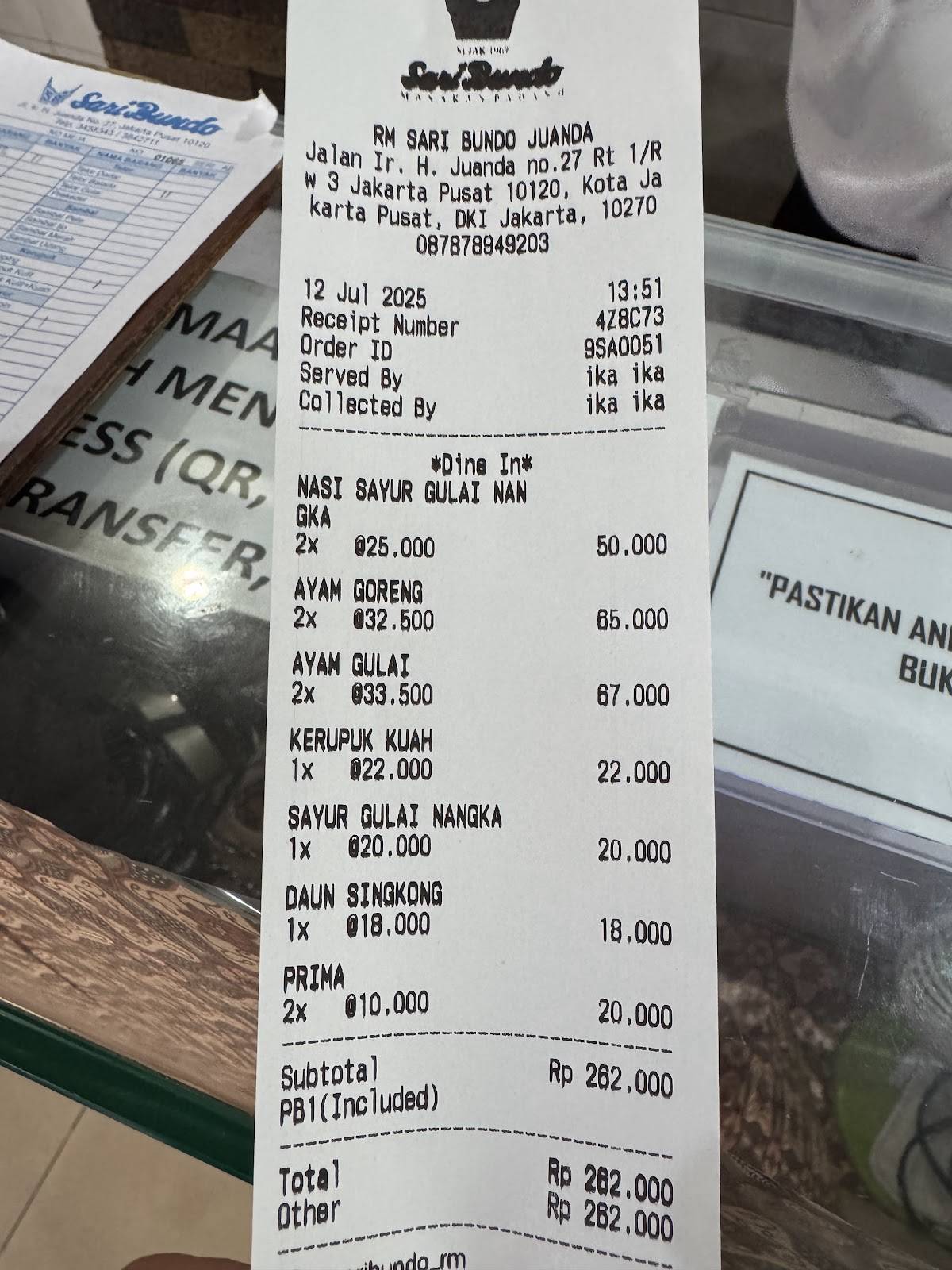 Menu at Sari Bundo restaurant, Central Jakarta, Jl. Ir. H. Juanda No.27 1