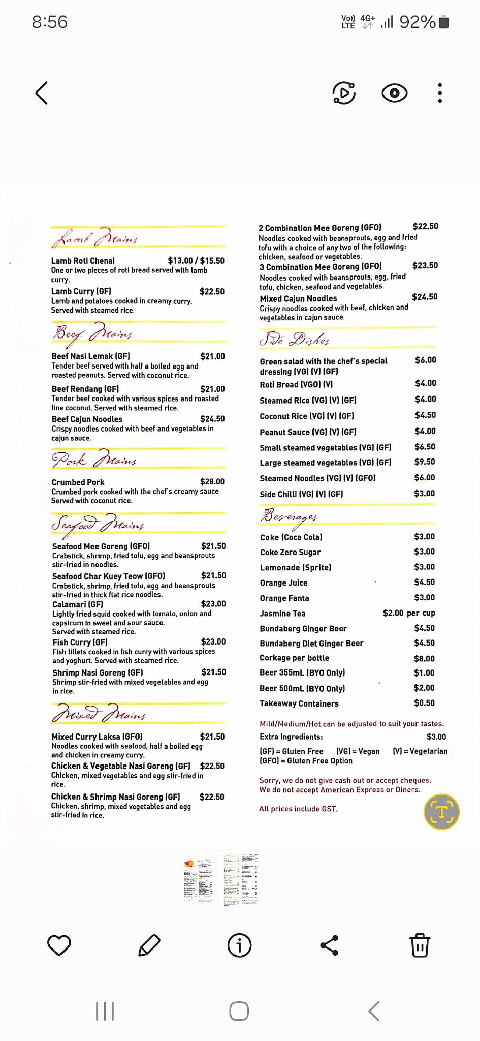Menu at Satay Village restaurant, Wellington