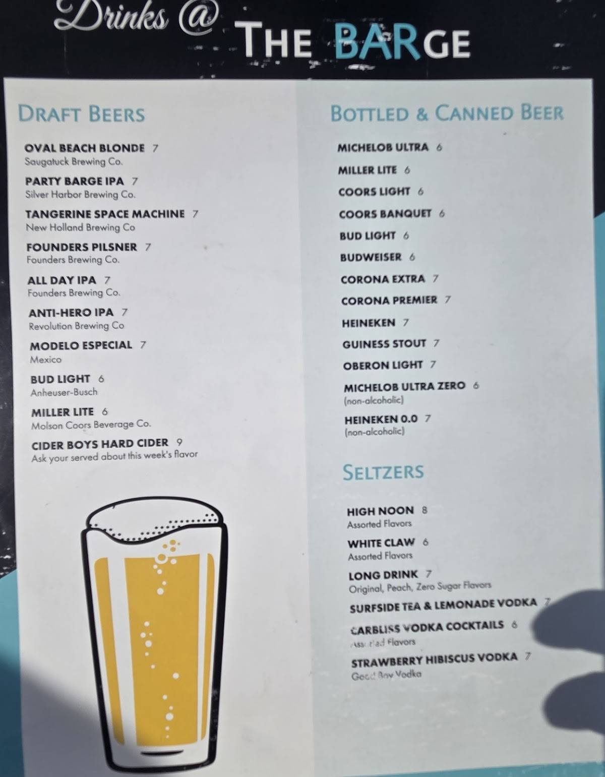 Menu at The BARge, Saugatuck