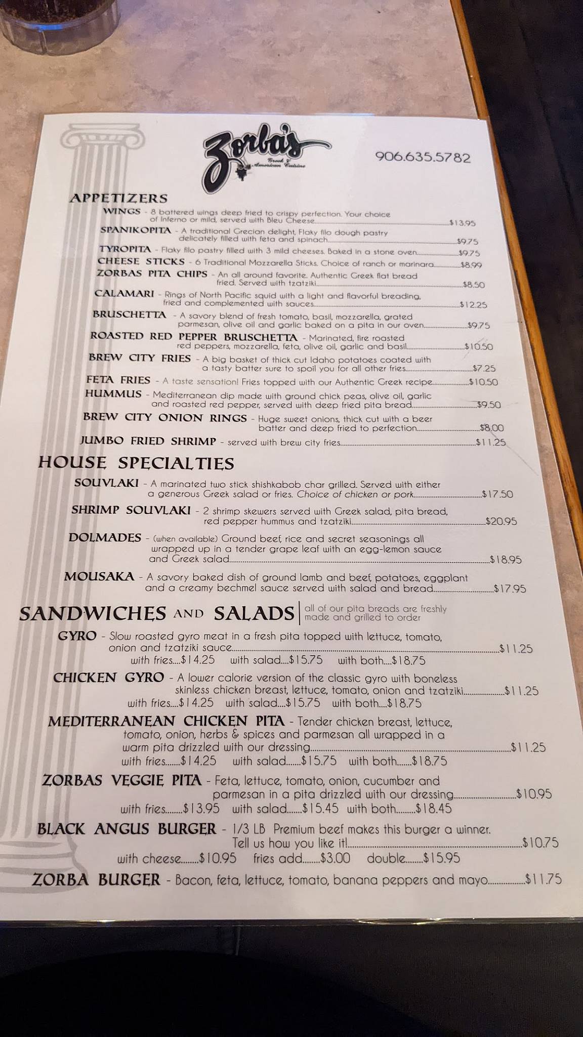 Menu at Zorba’s restaurant, Sault Ste. Marie
