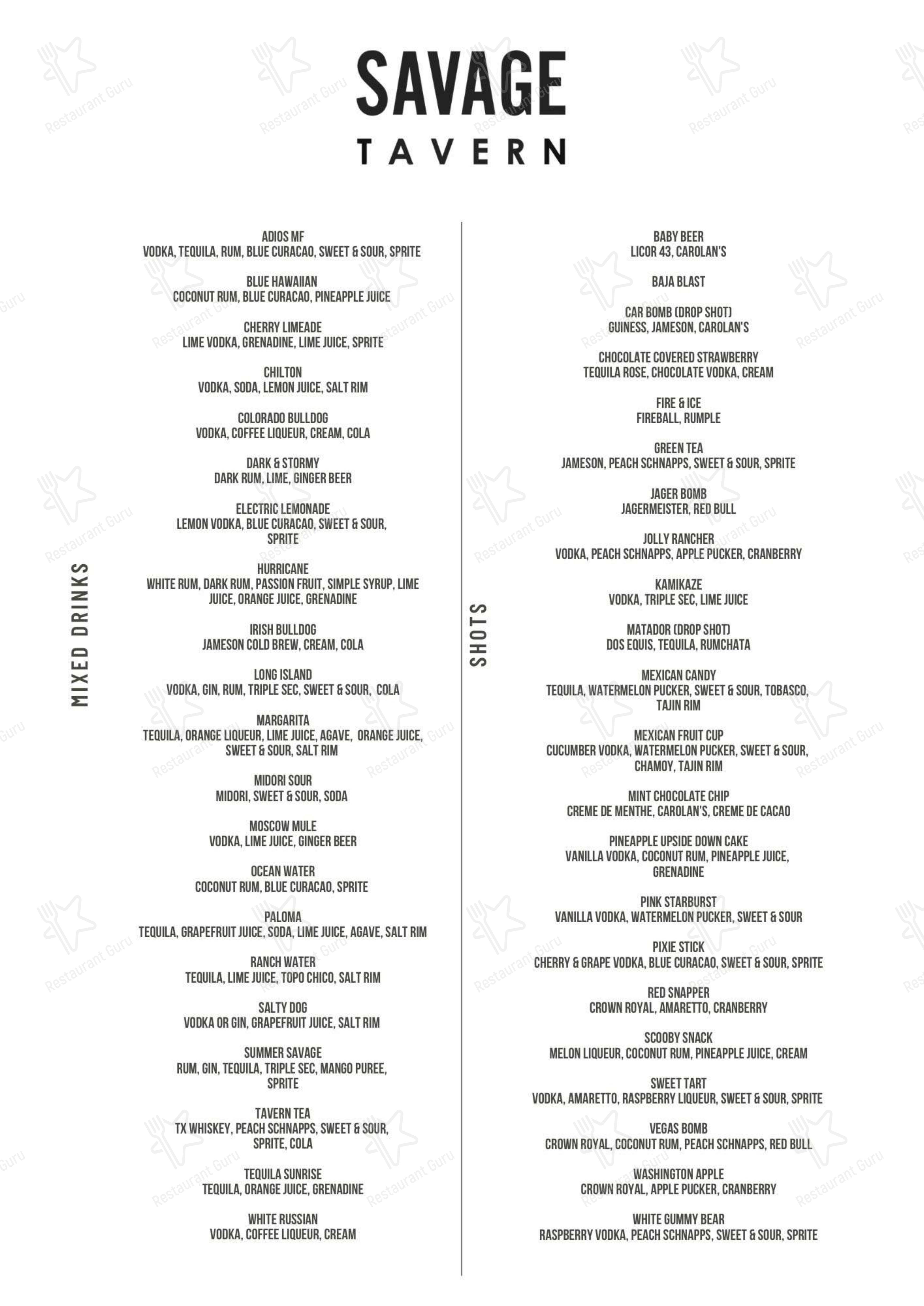 Menu at Savage Tavern pub & bar, Lubbock
