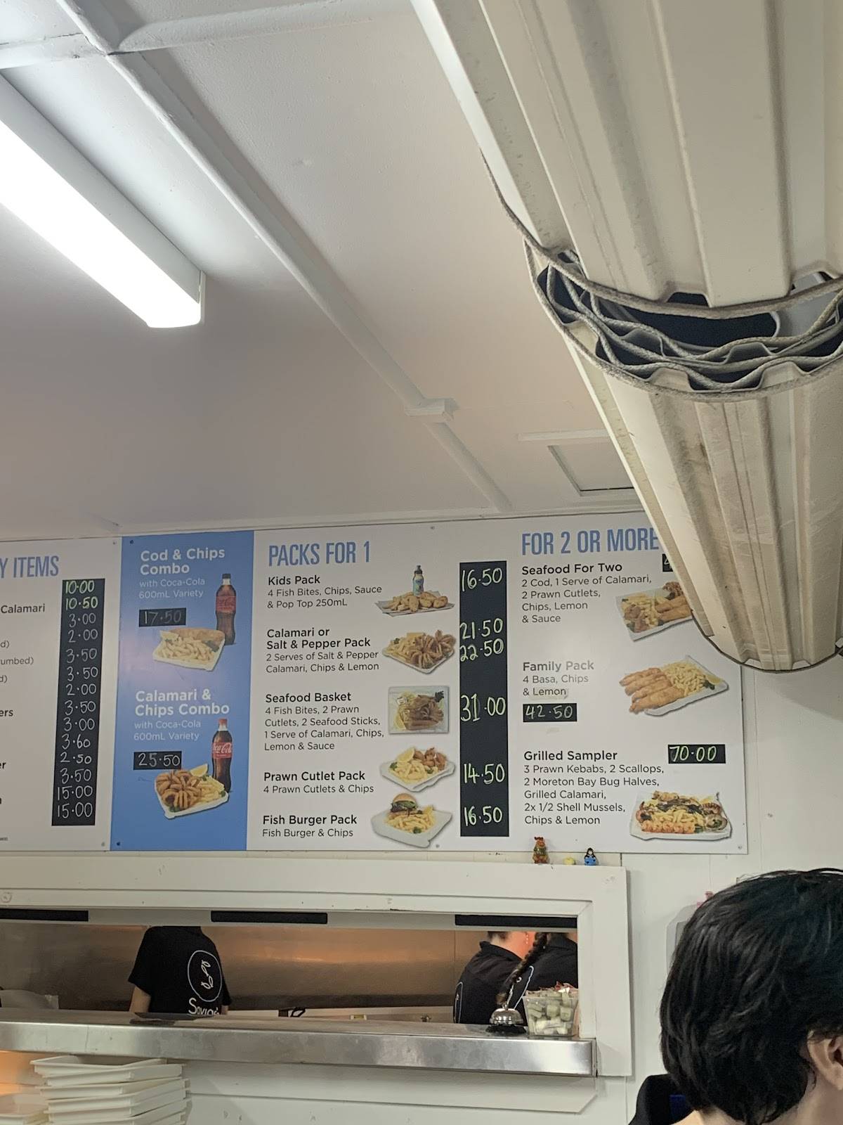 Menu at Savige's Seafood restaurant, Bongaree