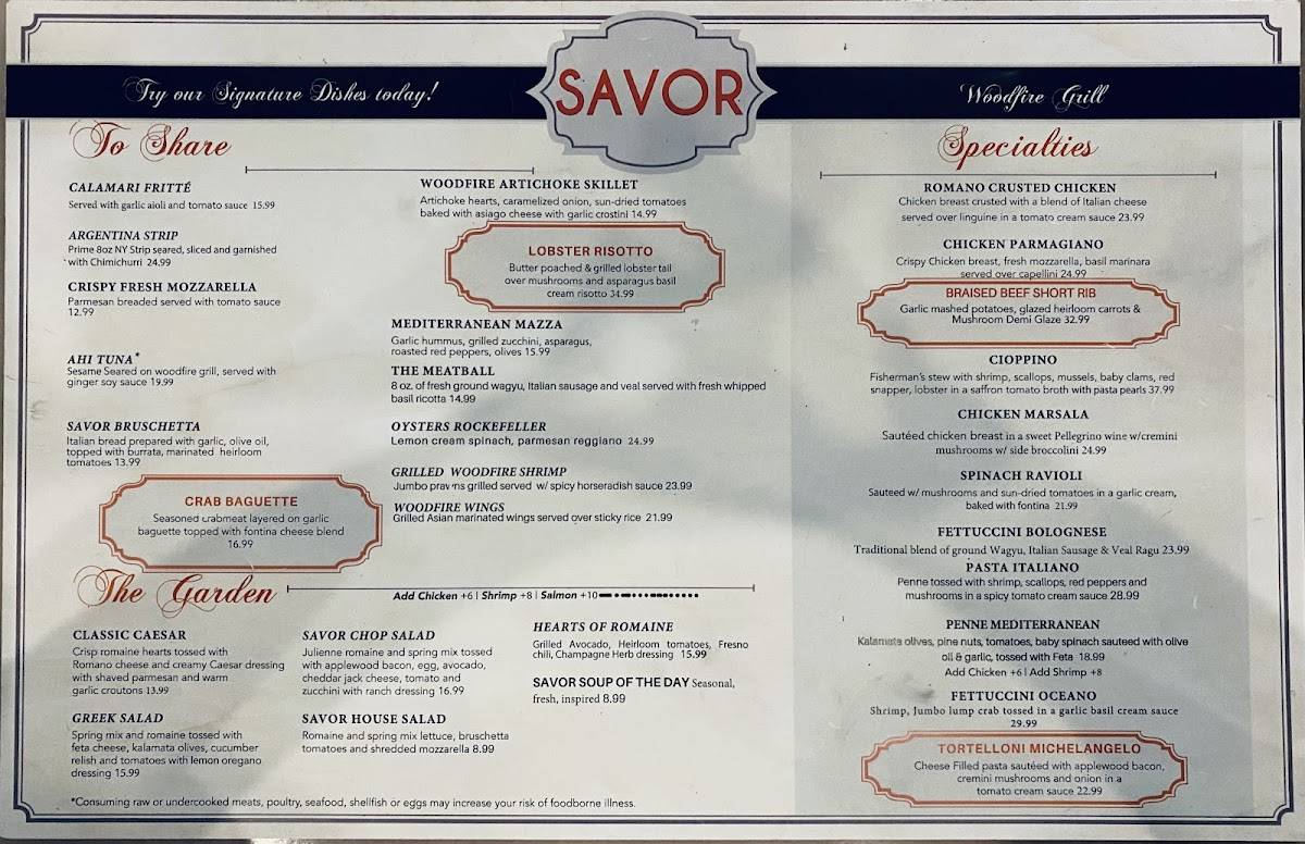 Menu at Savor Restaurant, Carmel, 211 W Main St Suite 102
