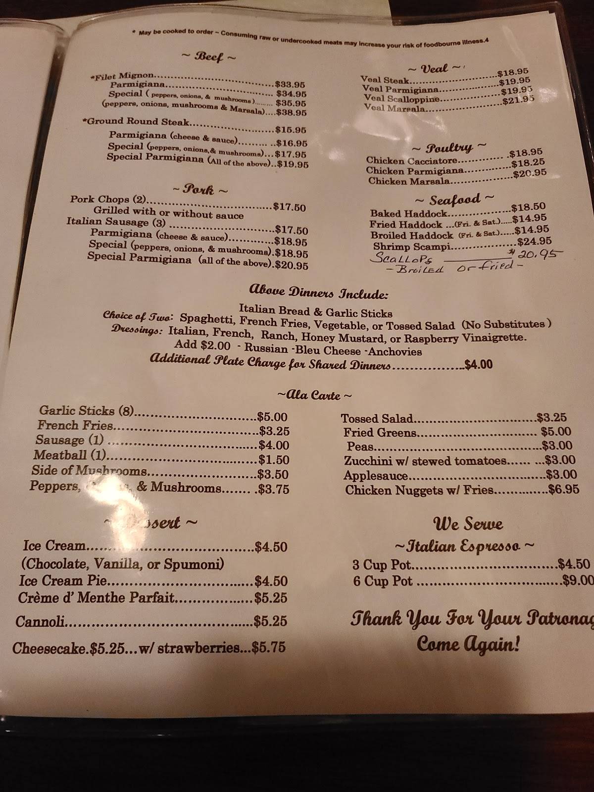 Menu at Mangialardo's restaurant, Sayre