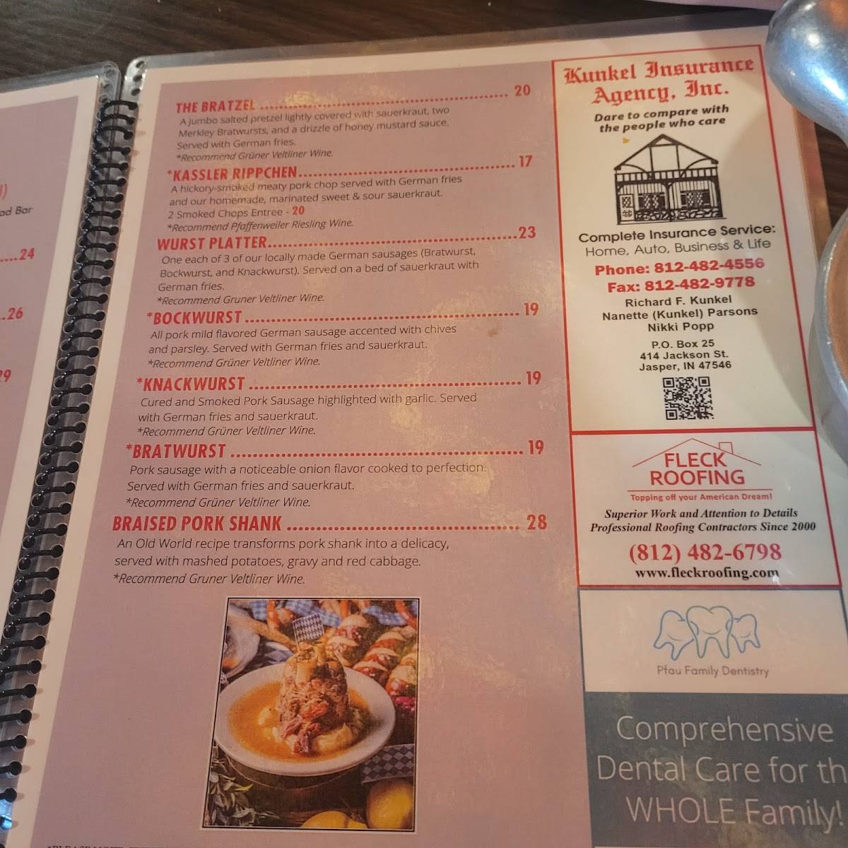 Menu at Schnitzelbank restaurant, Jasper
