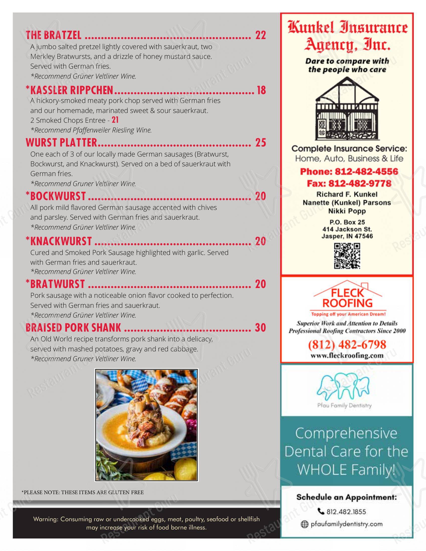 Menu at Schnitzelbank restaurant, Jasper