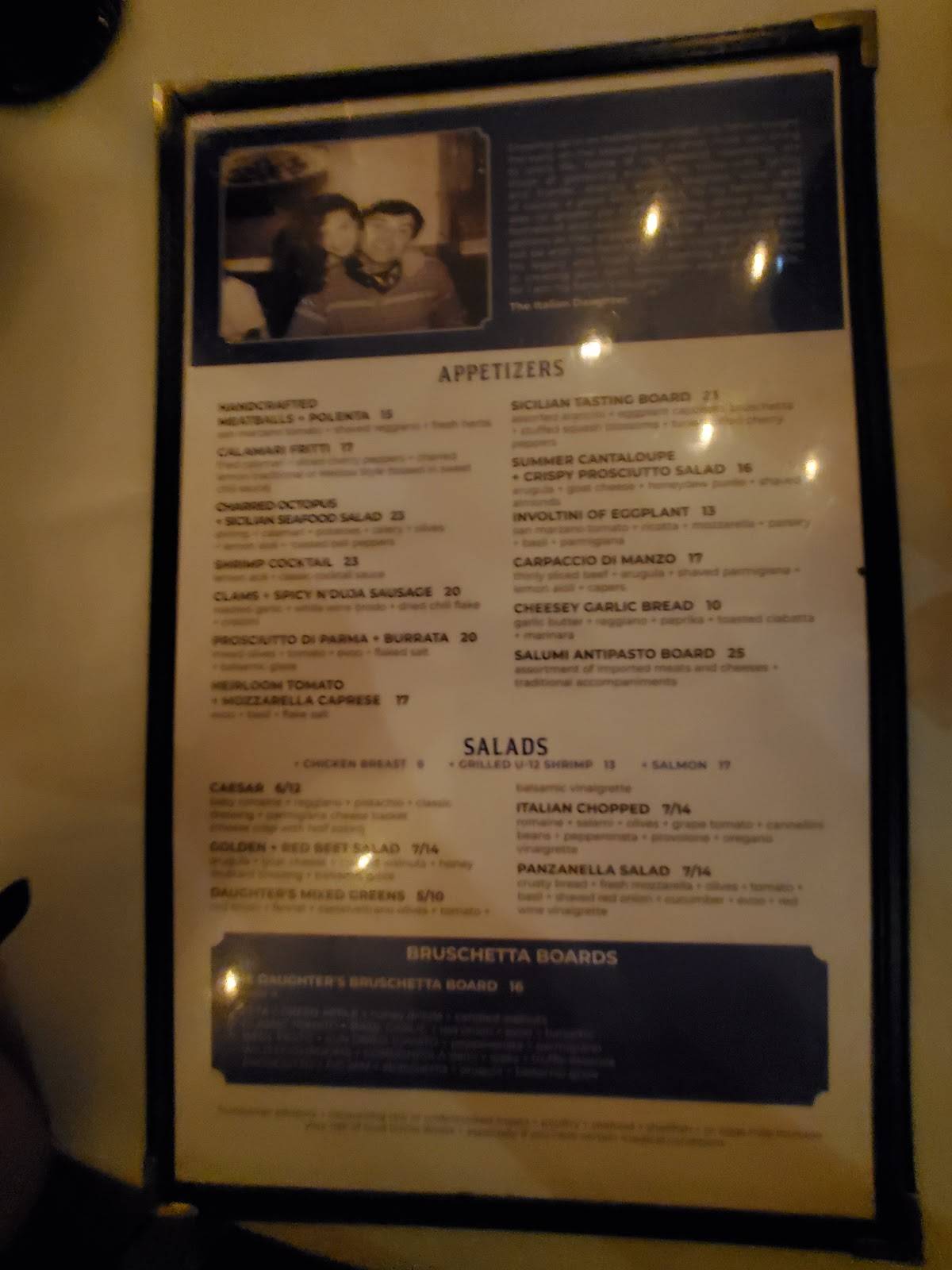 Menu at The Italian Daughter restaurant, Scottsdale