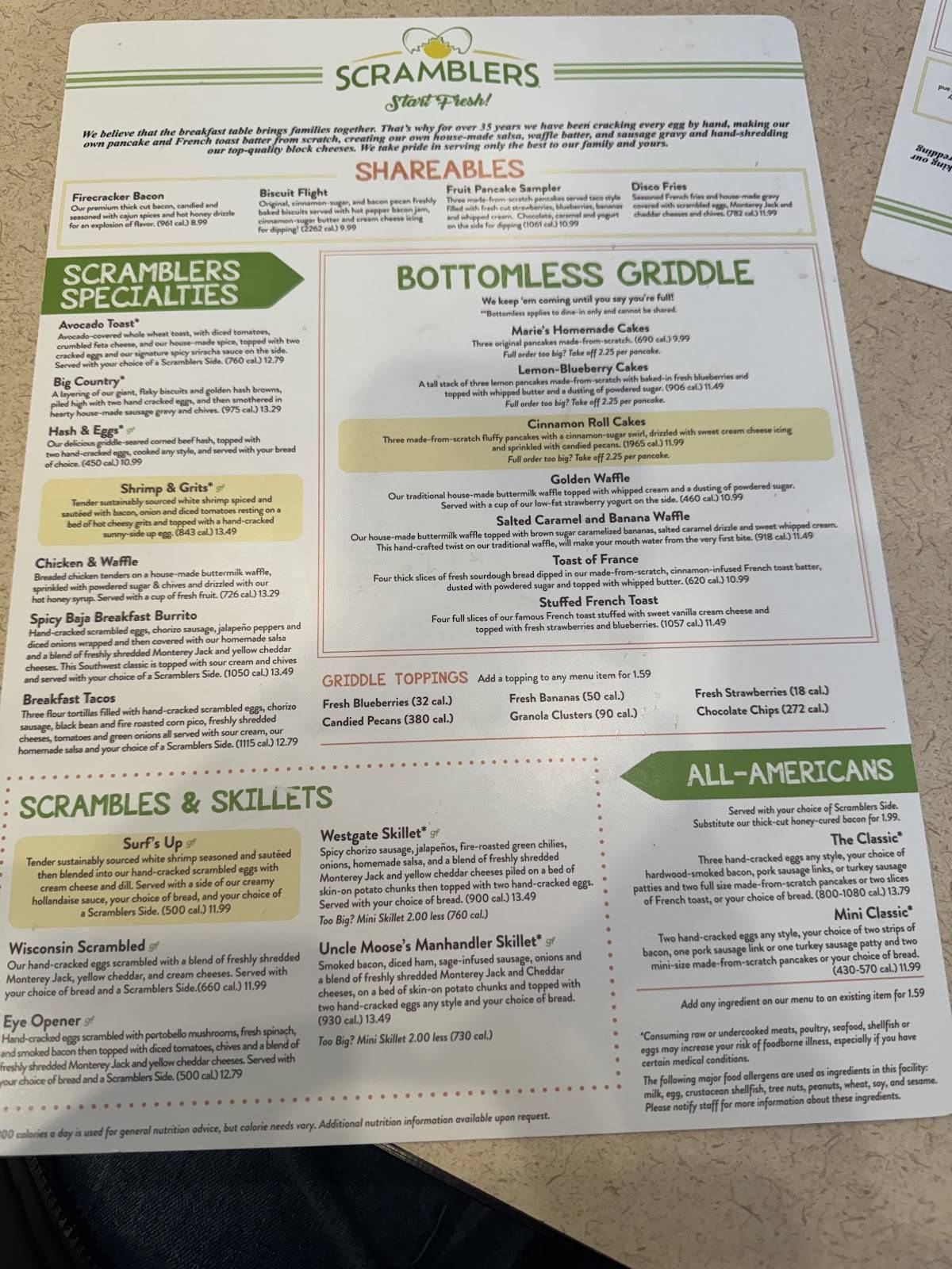 Menu at Scramblers restaurant, Westerville
