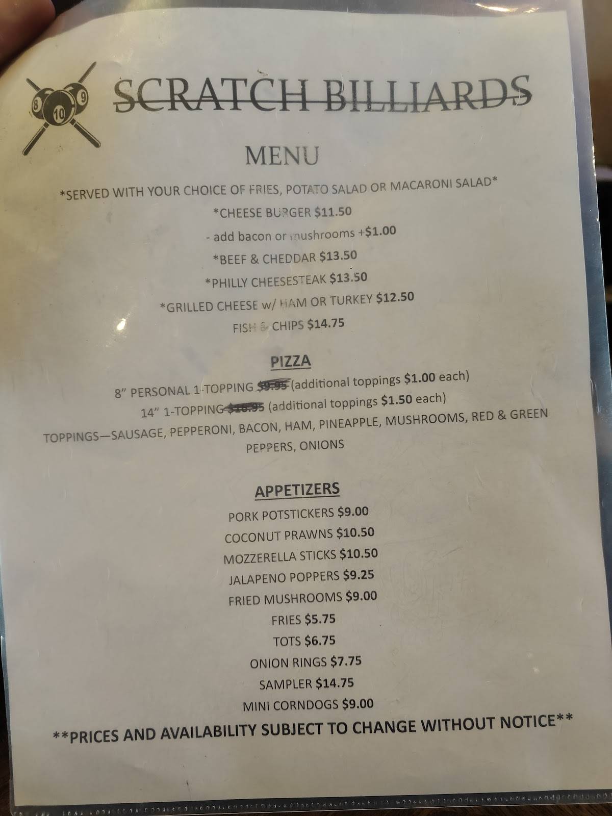 Menu at Scratch Pizza and billiards pub & bar, Fife