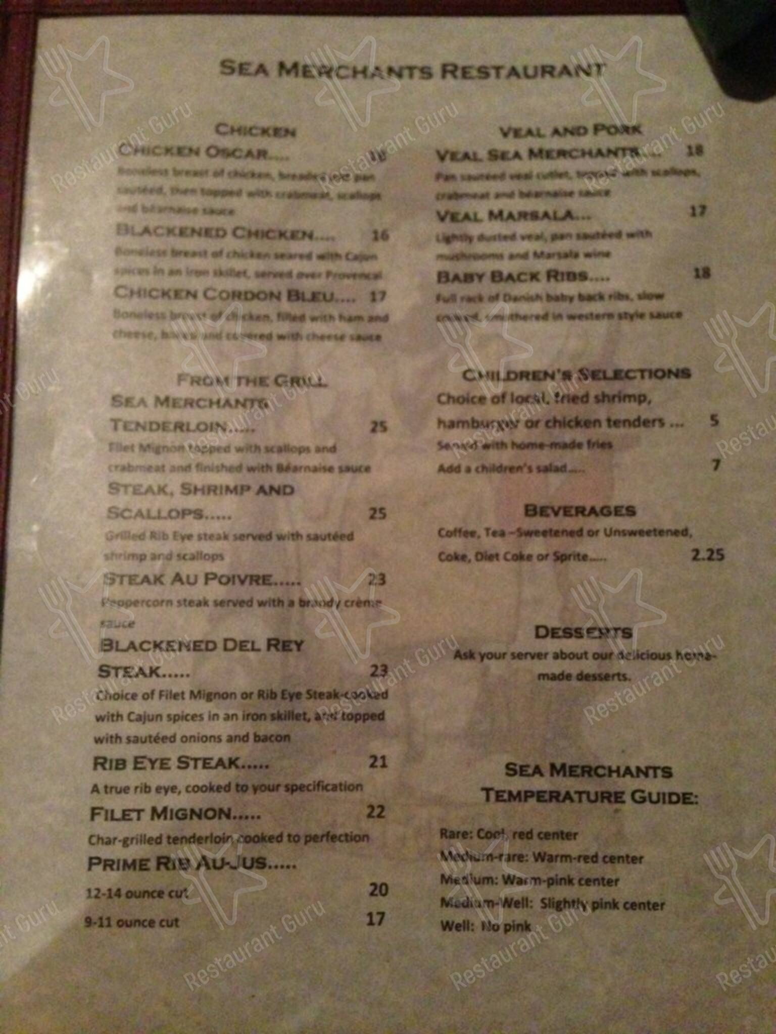 Menu at Sea Merchants Restaurant, North Myrtle Beach