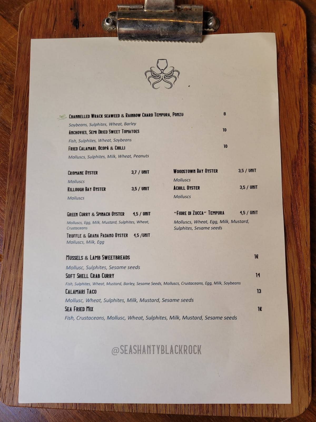 Menu at Sea Shanty restaurant, Dublin