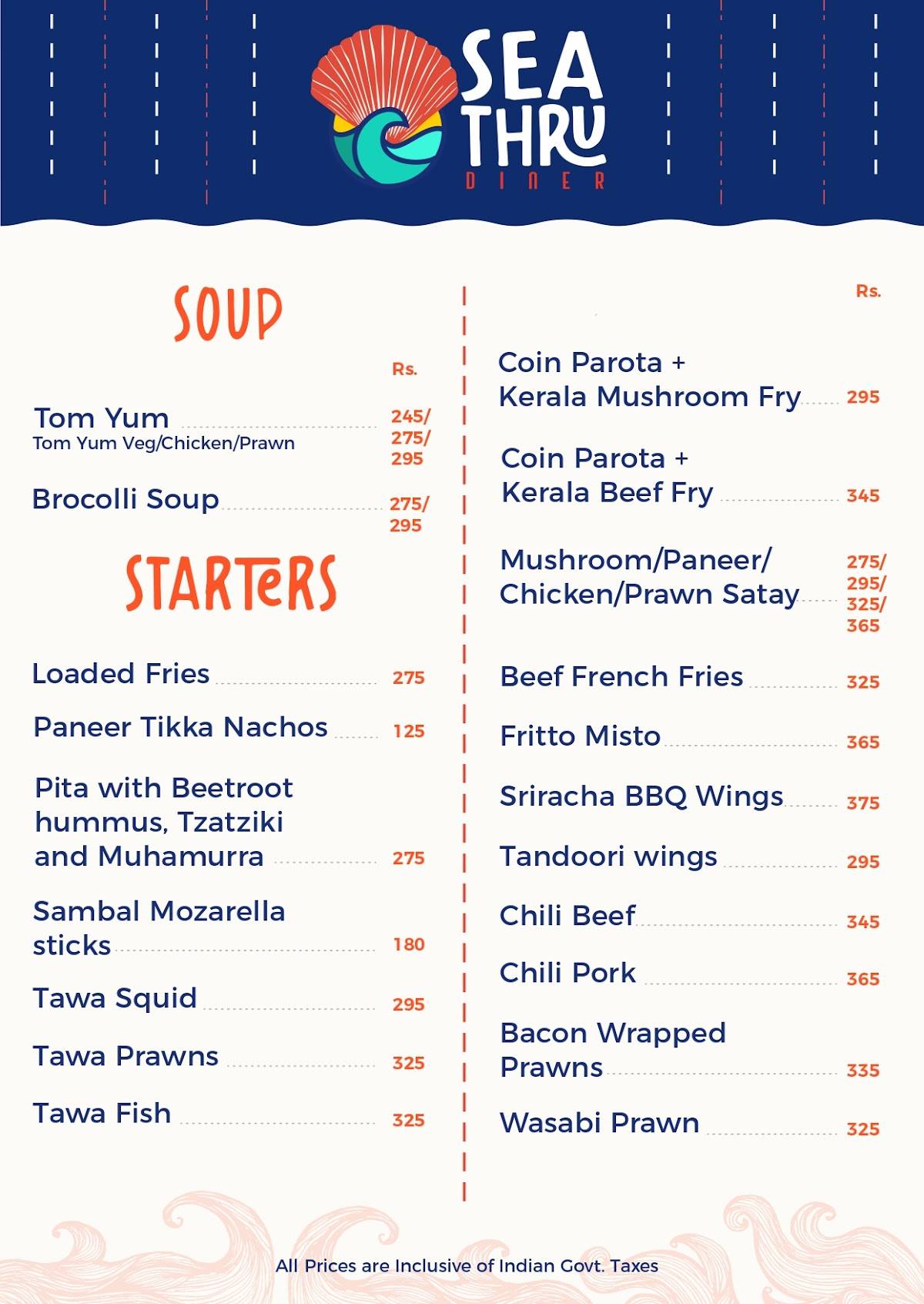 Menu at Sea Thru Diner, Chennai, Inside VGP Universal Kingdom