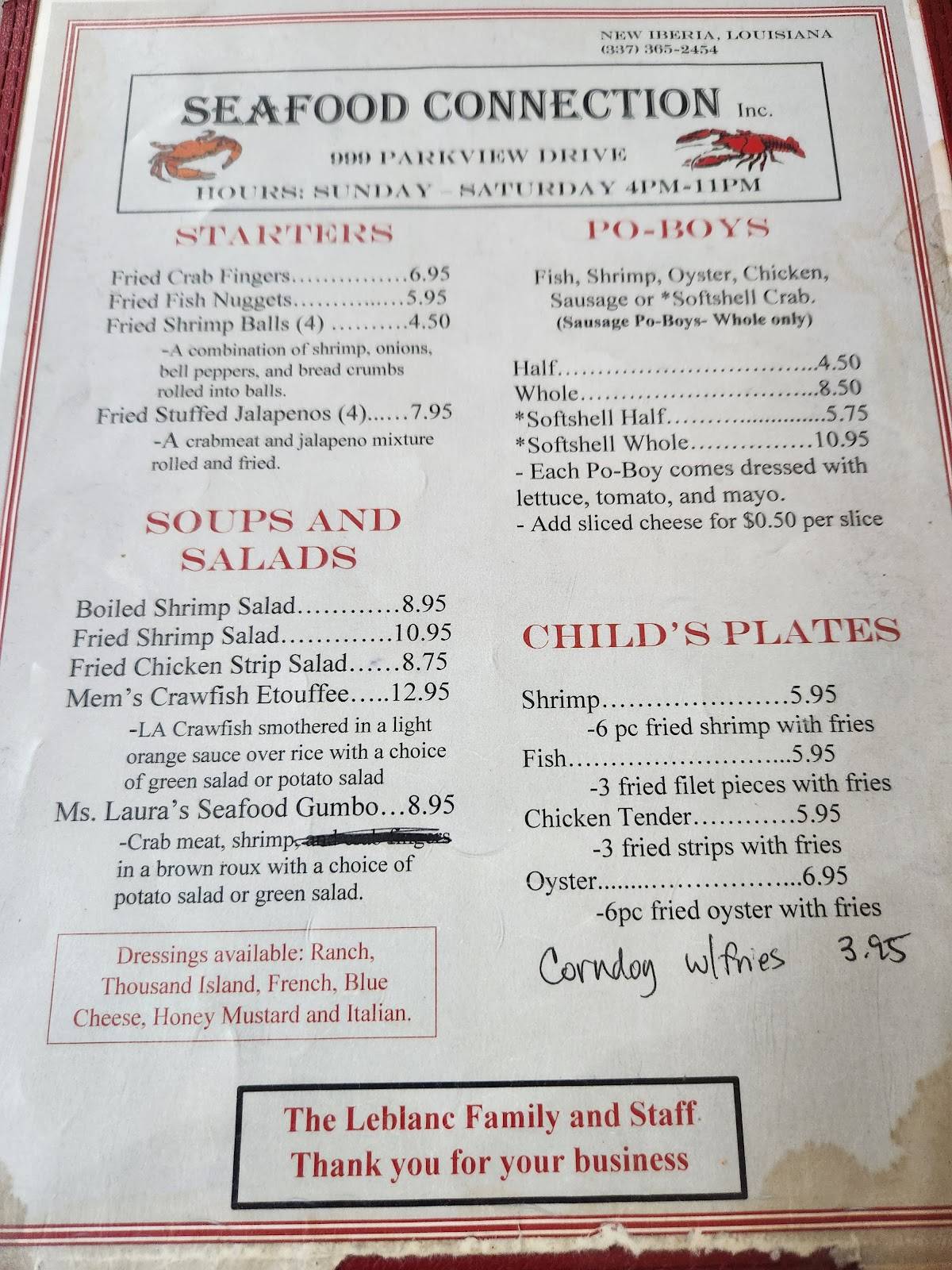Menu at Seafood Connection of New Iberia restaurant, New Iberia