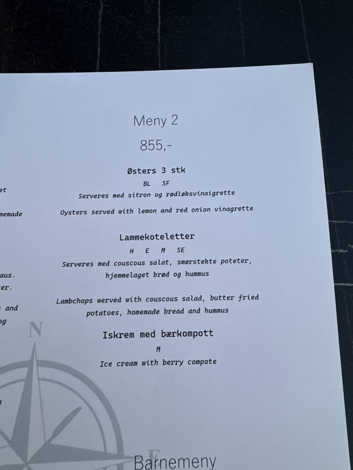 Menu at Seaport Restaurant, Oslo