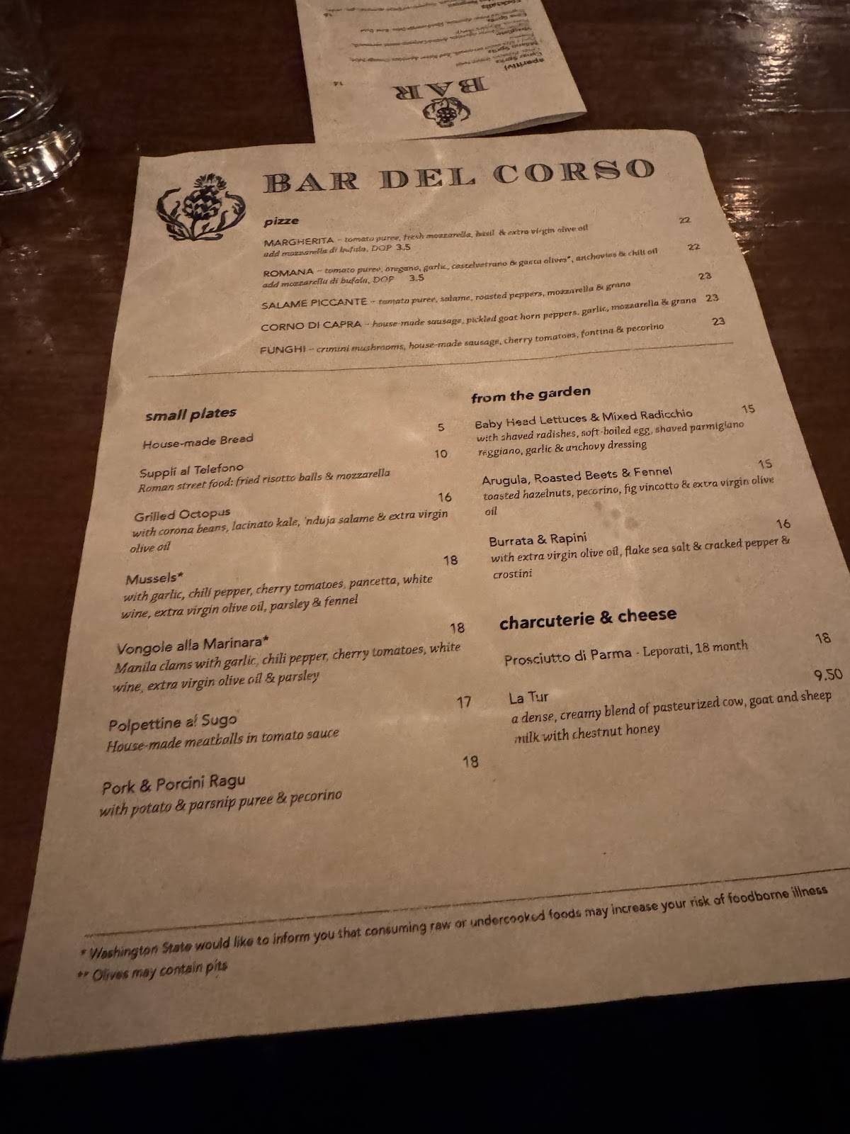 Menu at Bar del Corso, Seattle