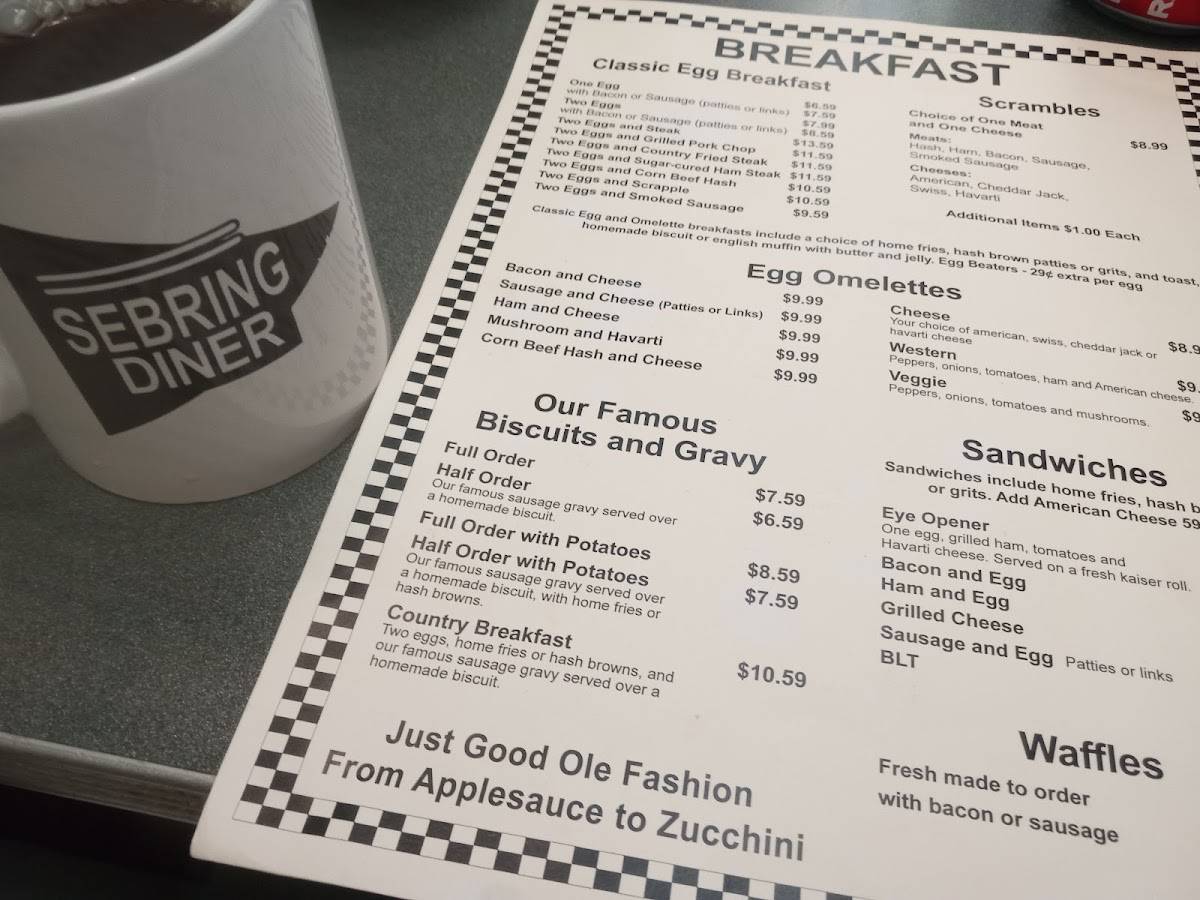 Menu at Sebring Diner restaurant, Sebring, US Hwy 27 S