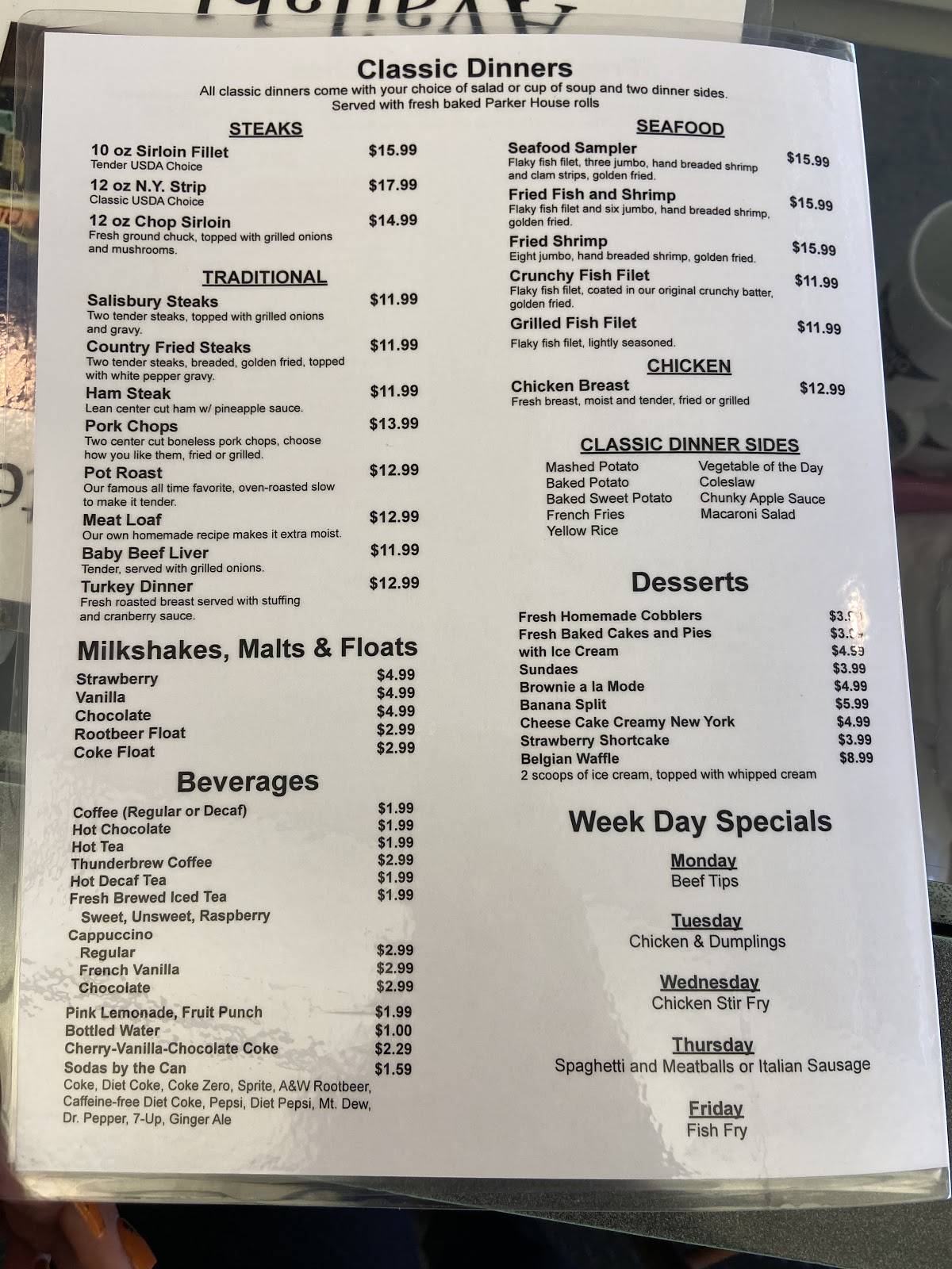 Menu at Sebring Diner restaurant, Sebring, US Hwy 27 S