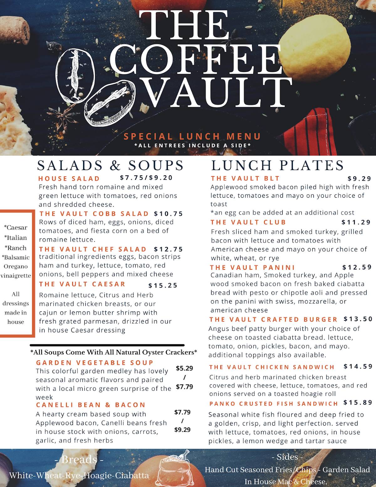 Menu at The Vault of Sebring restaurant, Sebring