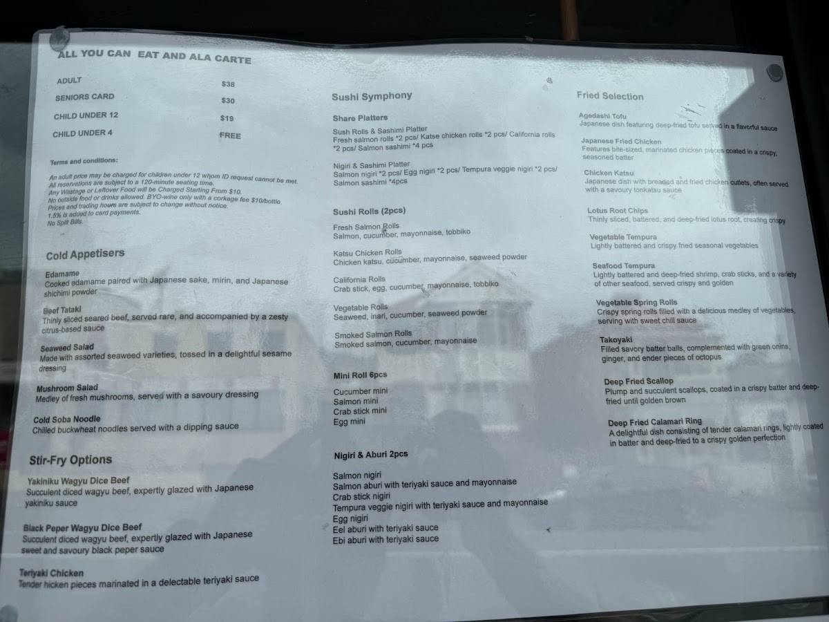 Menu at Sen of Japan (Japanese Buffet) restaurant, North Hobart