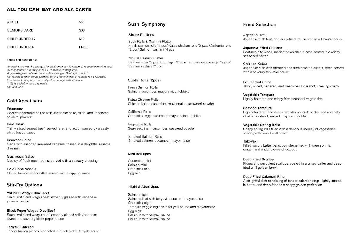 Menu at Sen of Japan (Japanese Buffet) restaurant, North Hobart