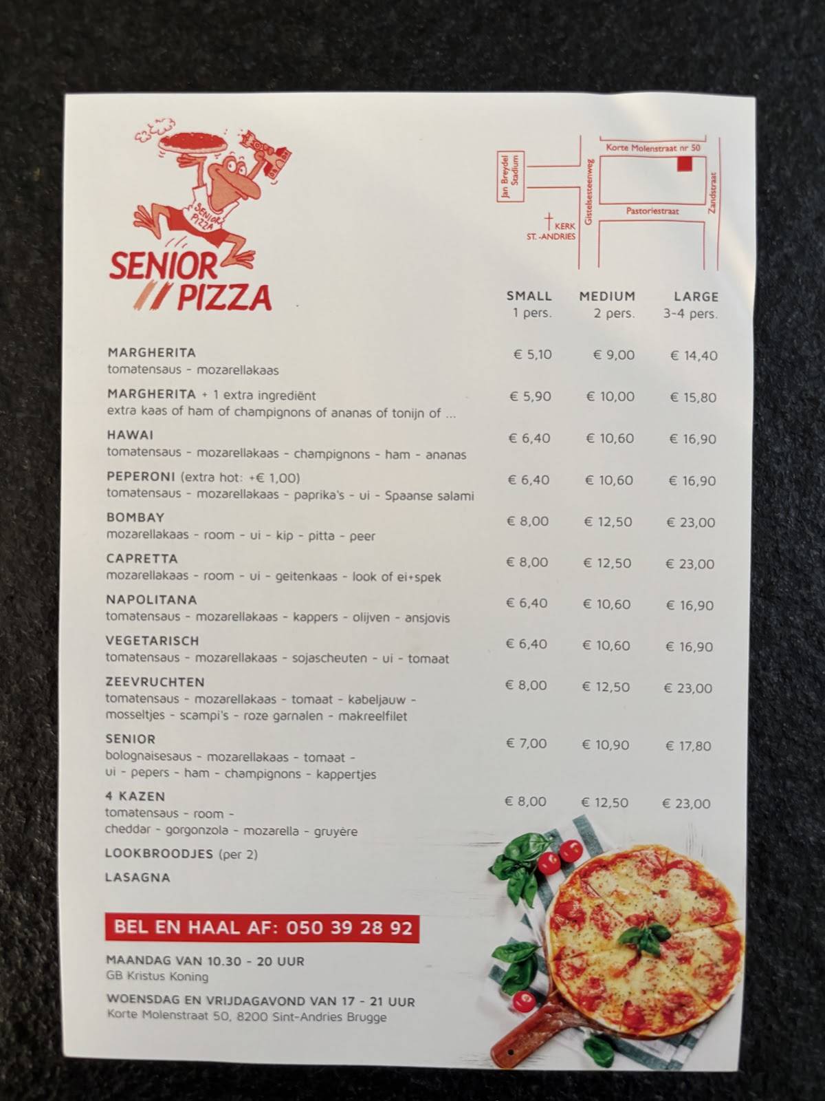 Menu at Senior Pizza, Bruges, Korte Molenstraat 50