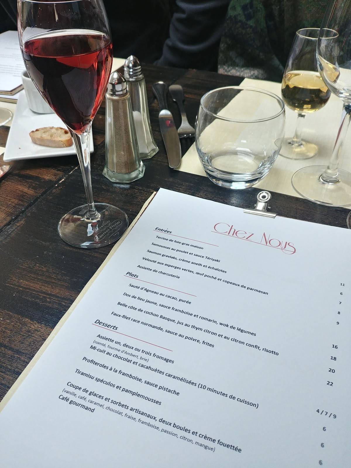 Menu au Chez Nous restaurant, Senlis
