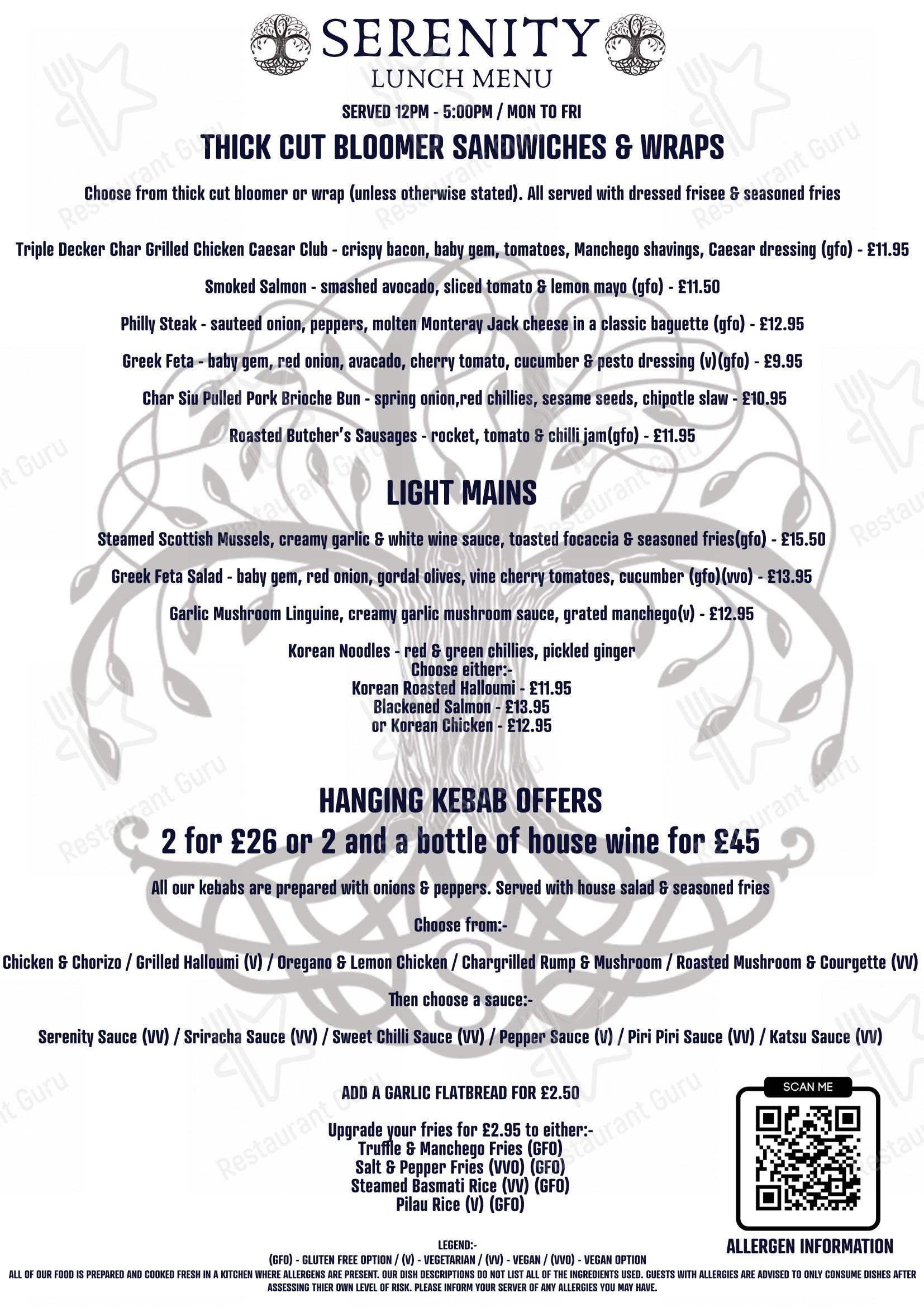 Menu at Serenity restaurant, Mansfield
