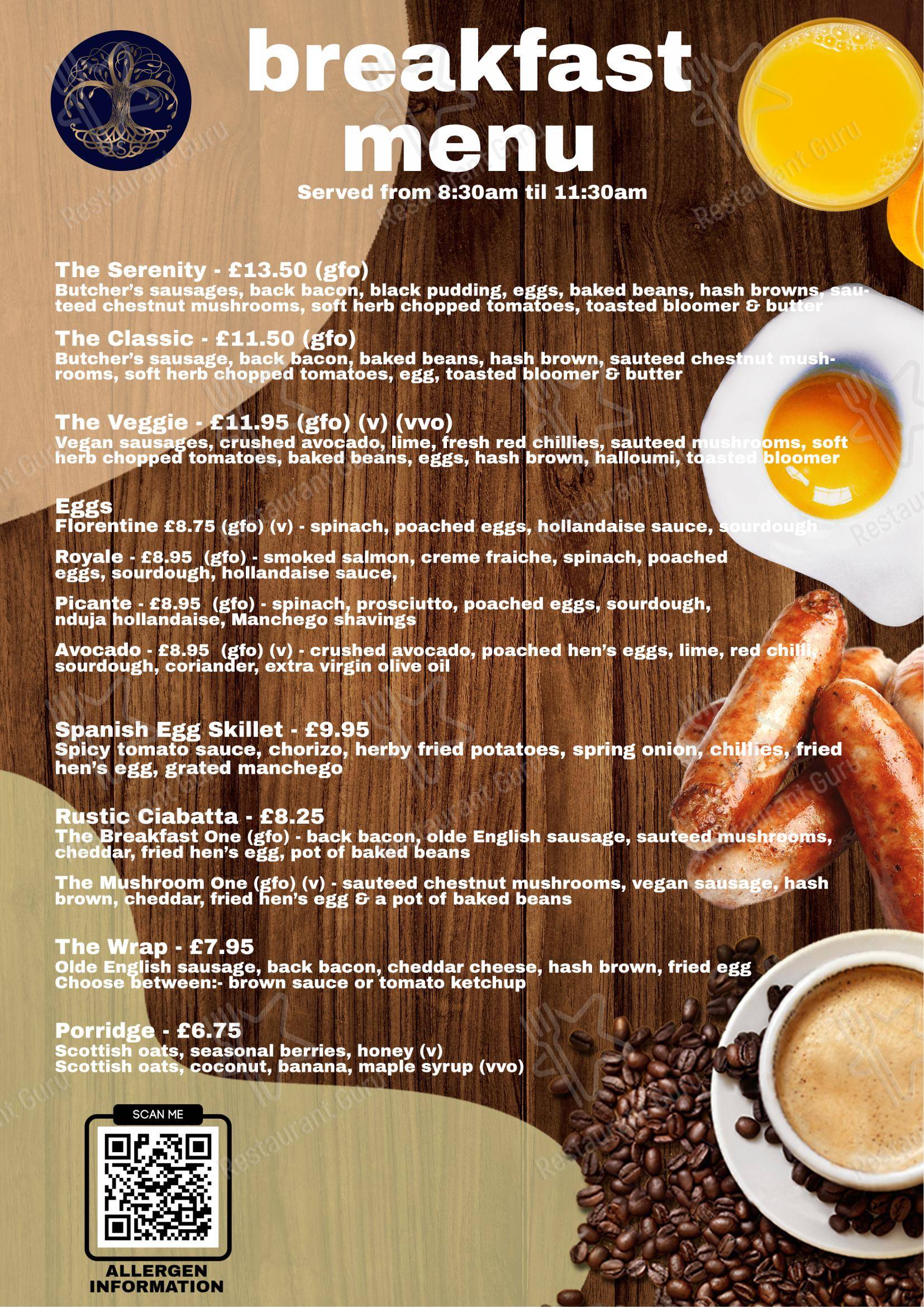 Menu at Serenity restaurant, Mansfield
