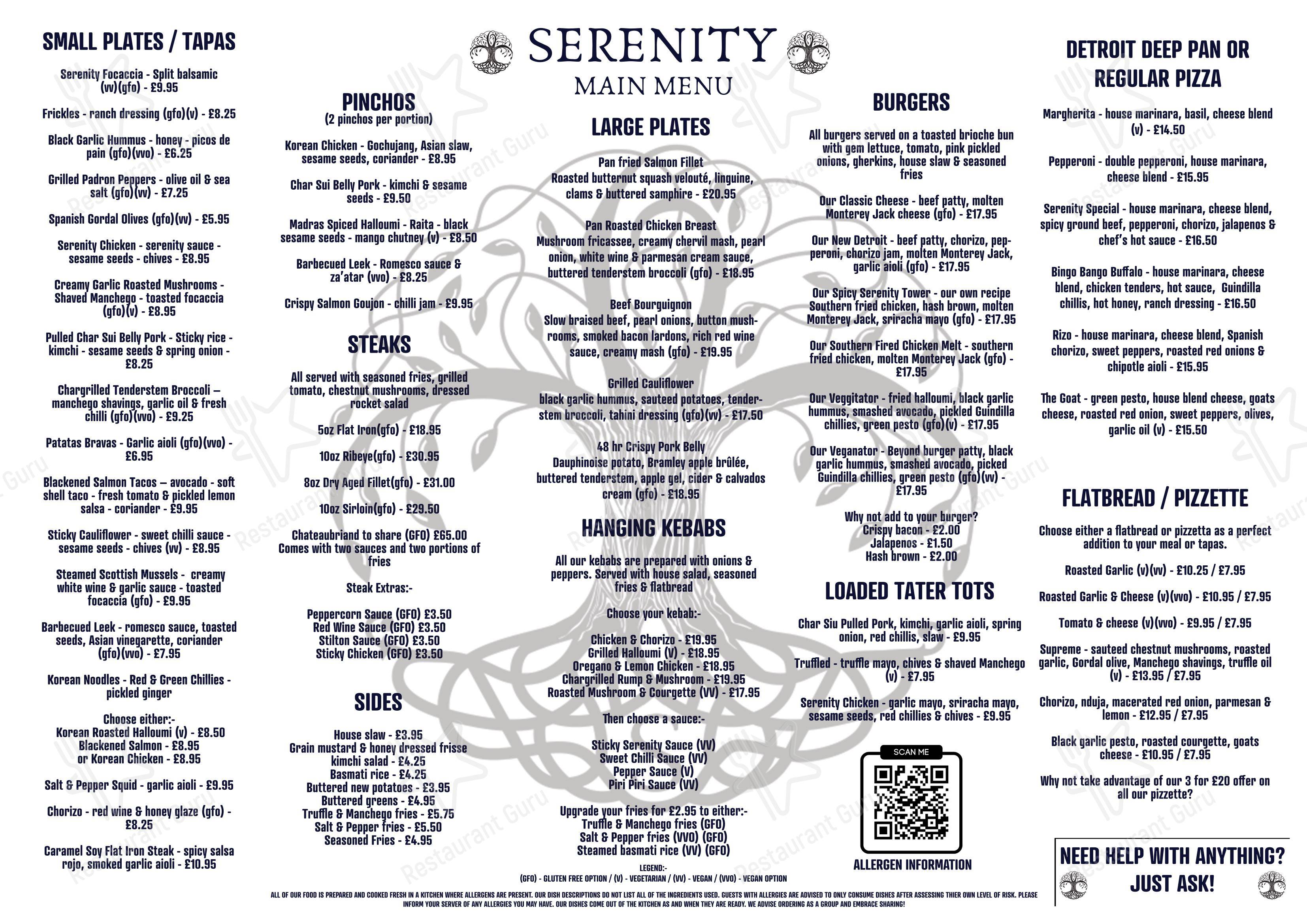 Menu at Serenity restaurant, Mansfield