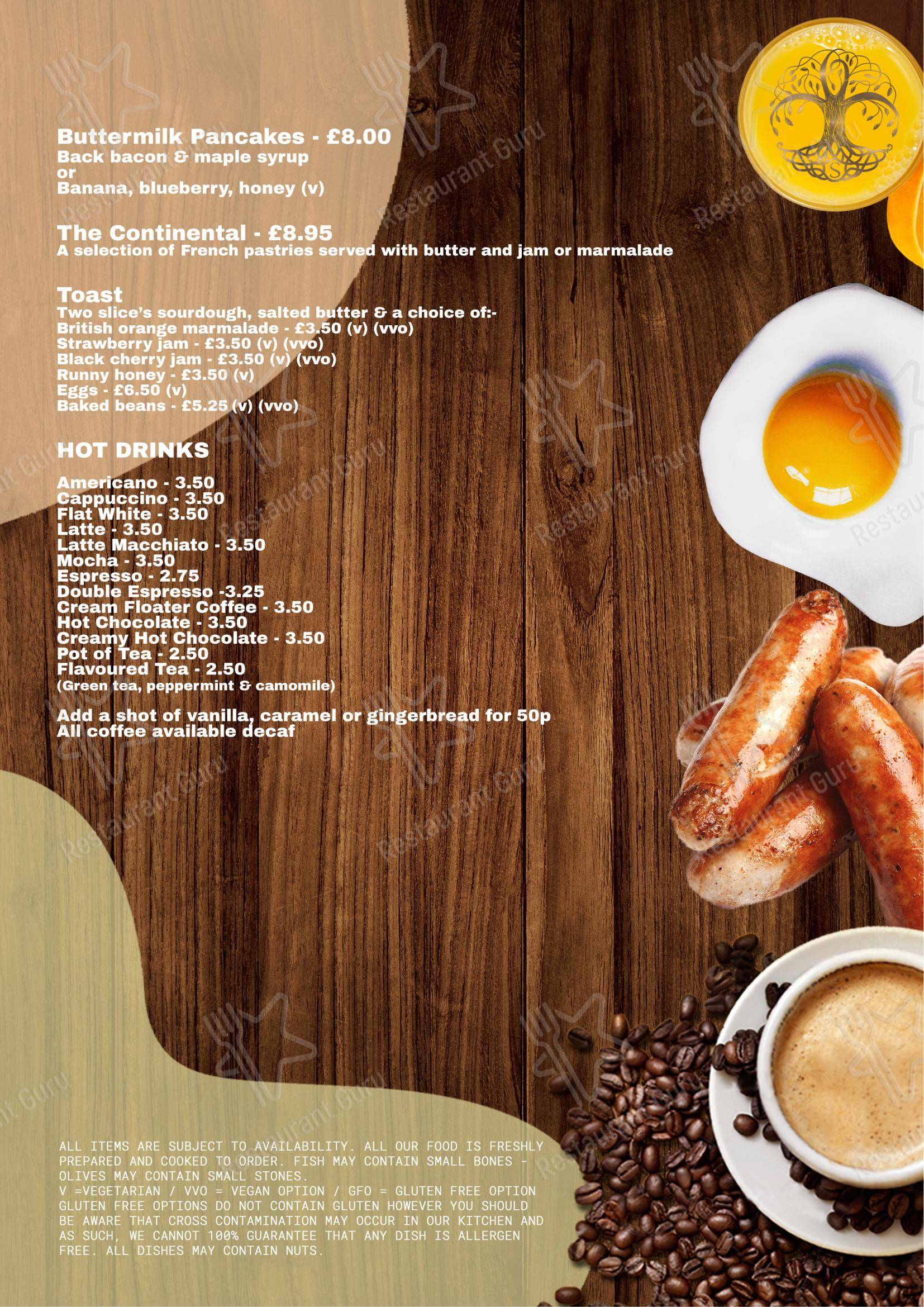 Menu at Serenity restaurant, Mansfield