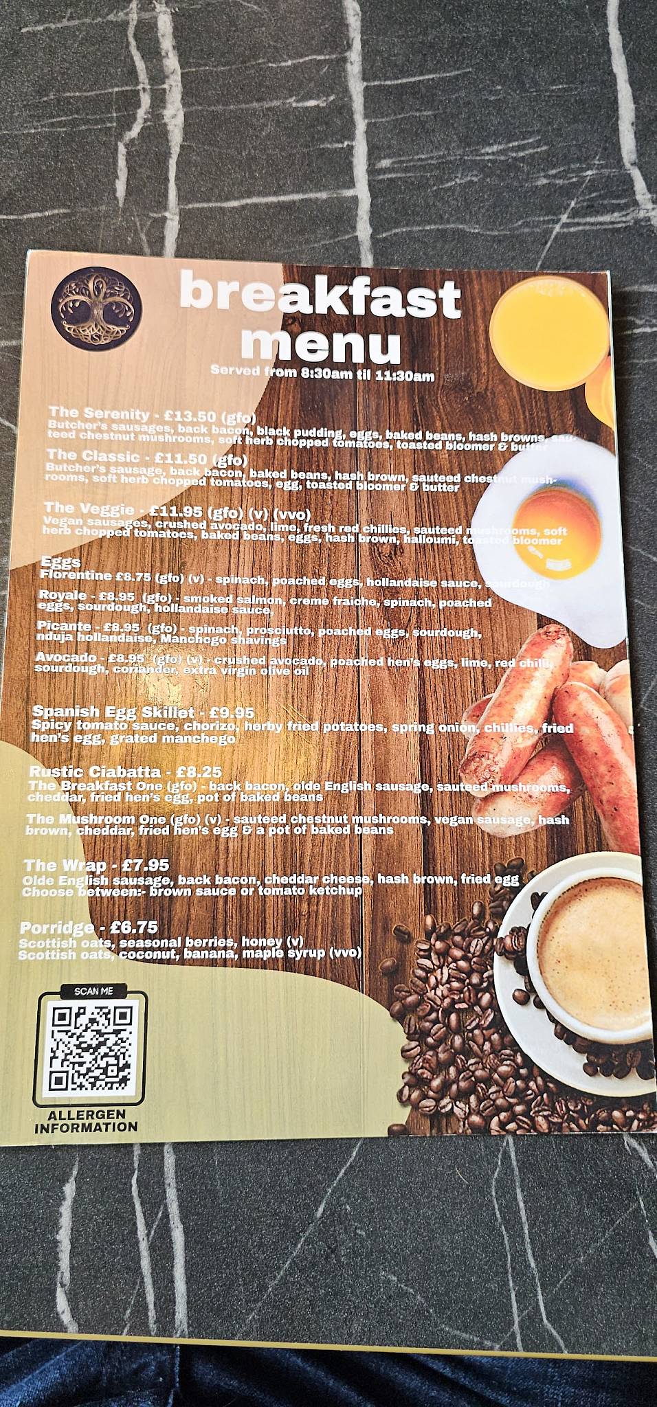 Menu at Serenity restaurant, Mansfield
