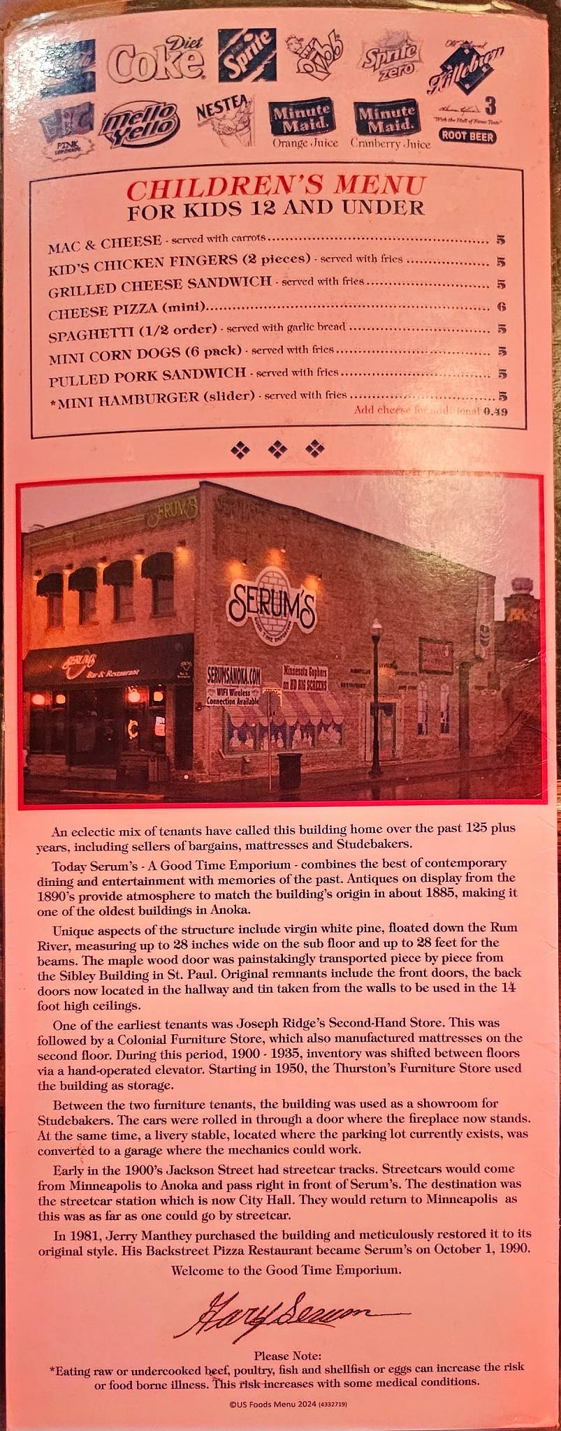 Menu at Serum's Good Time Emporium pub & bar, Anoka