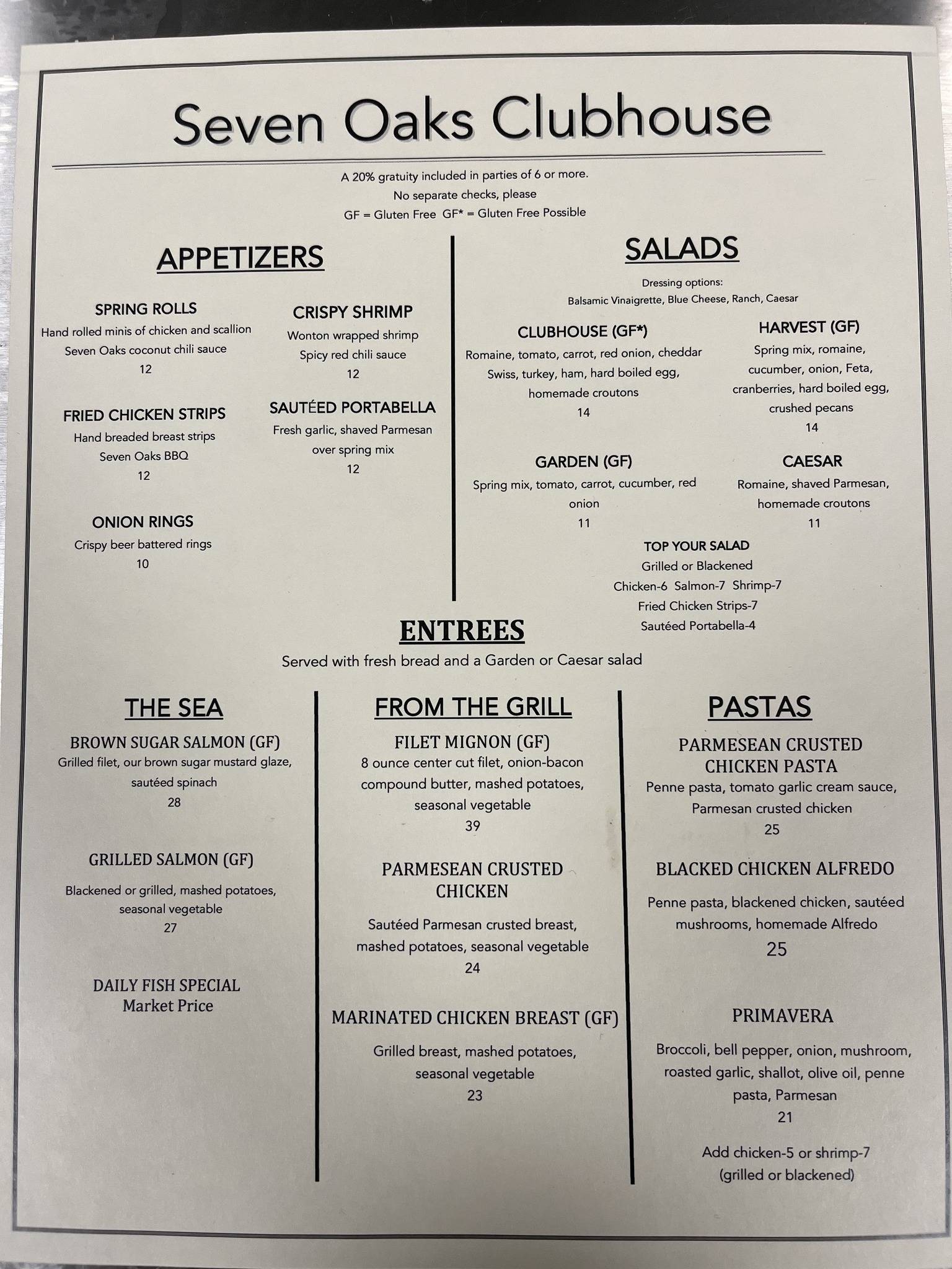 Menu at Seven Oaks Restaurant, Hamilton