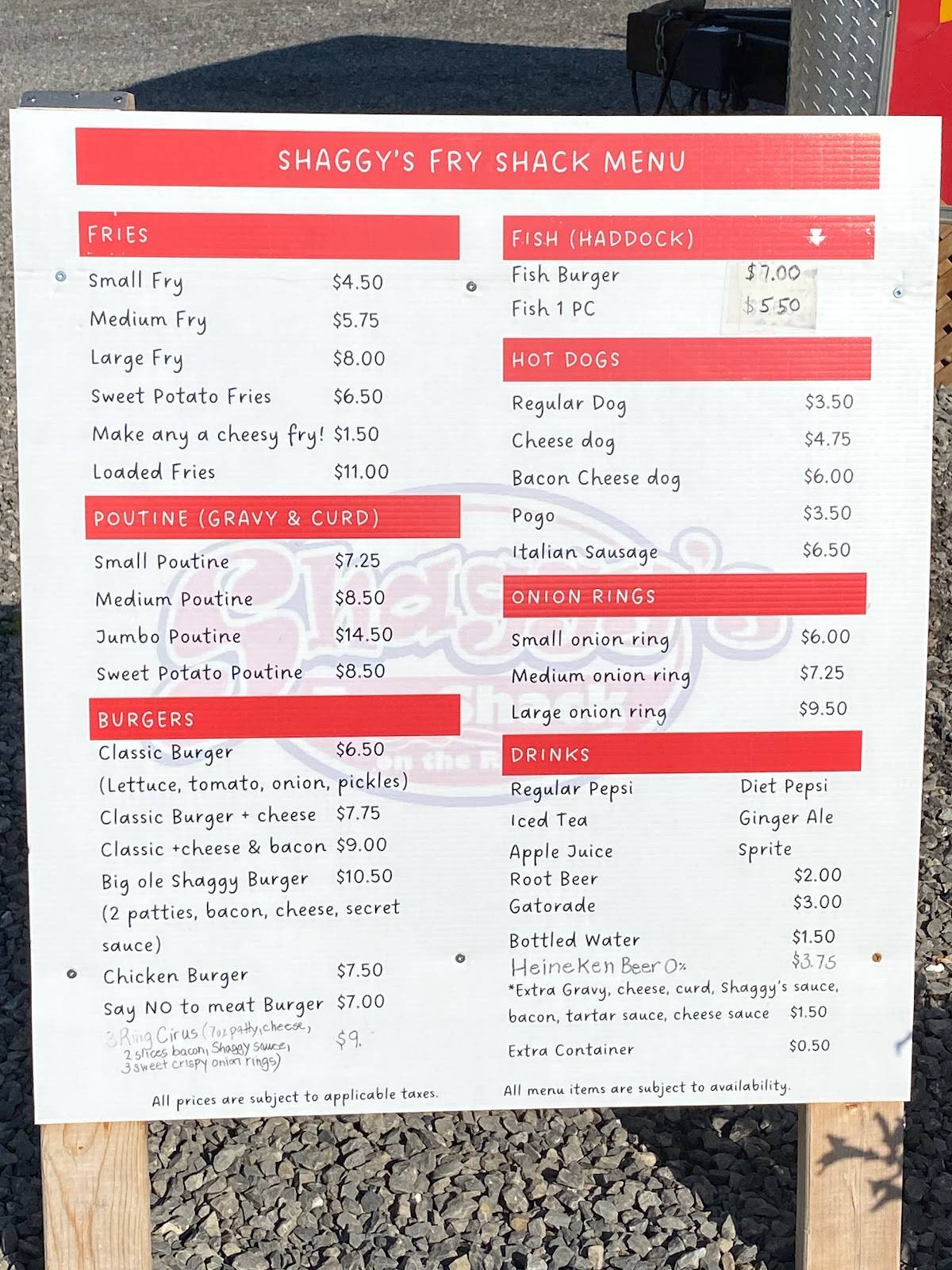 Menu at Shaggy's Fry Shack restaurant, Canada