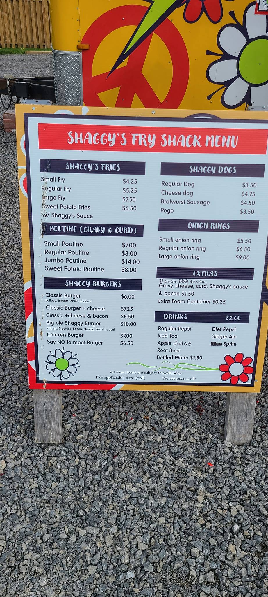 Menu at Shaggy's Fry Shack restaurant, Canada