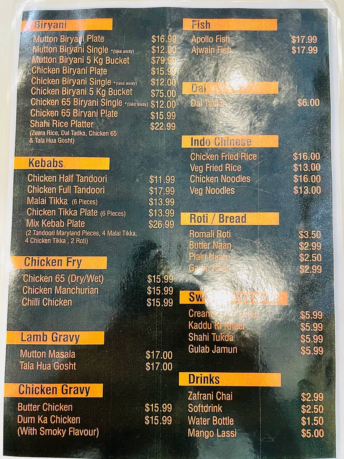Menu at Shahi Dastarkhwan restaurant, Lakemba
