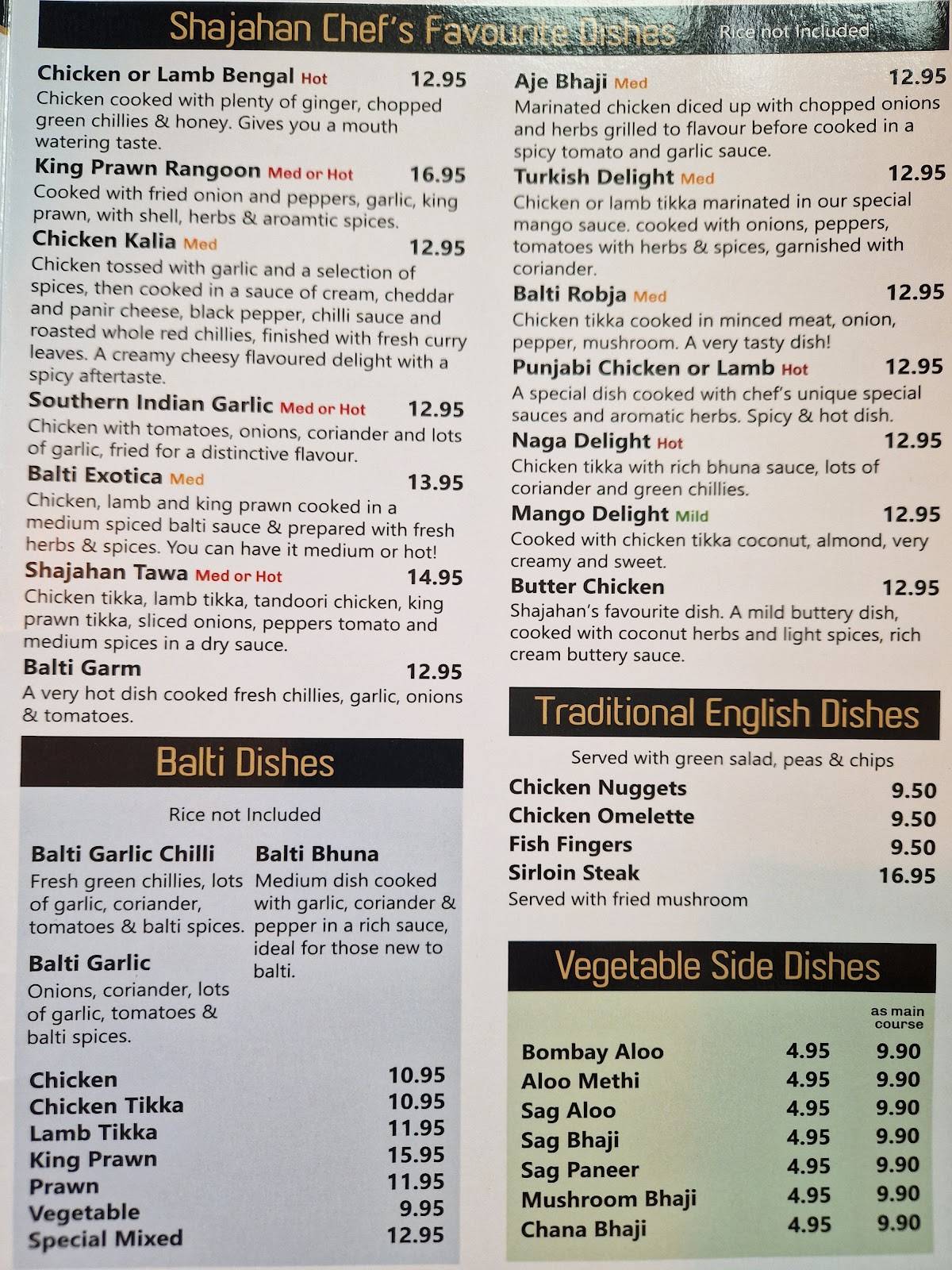 Menu at Shajahan Indian Restaurant, Malpas, Chester Rd