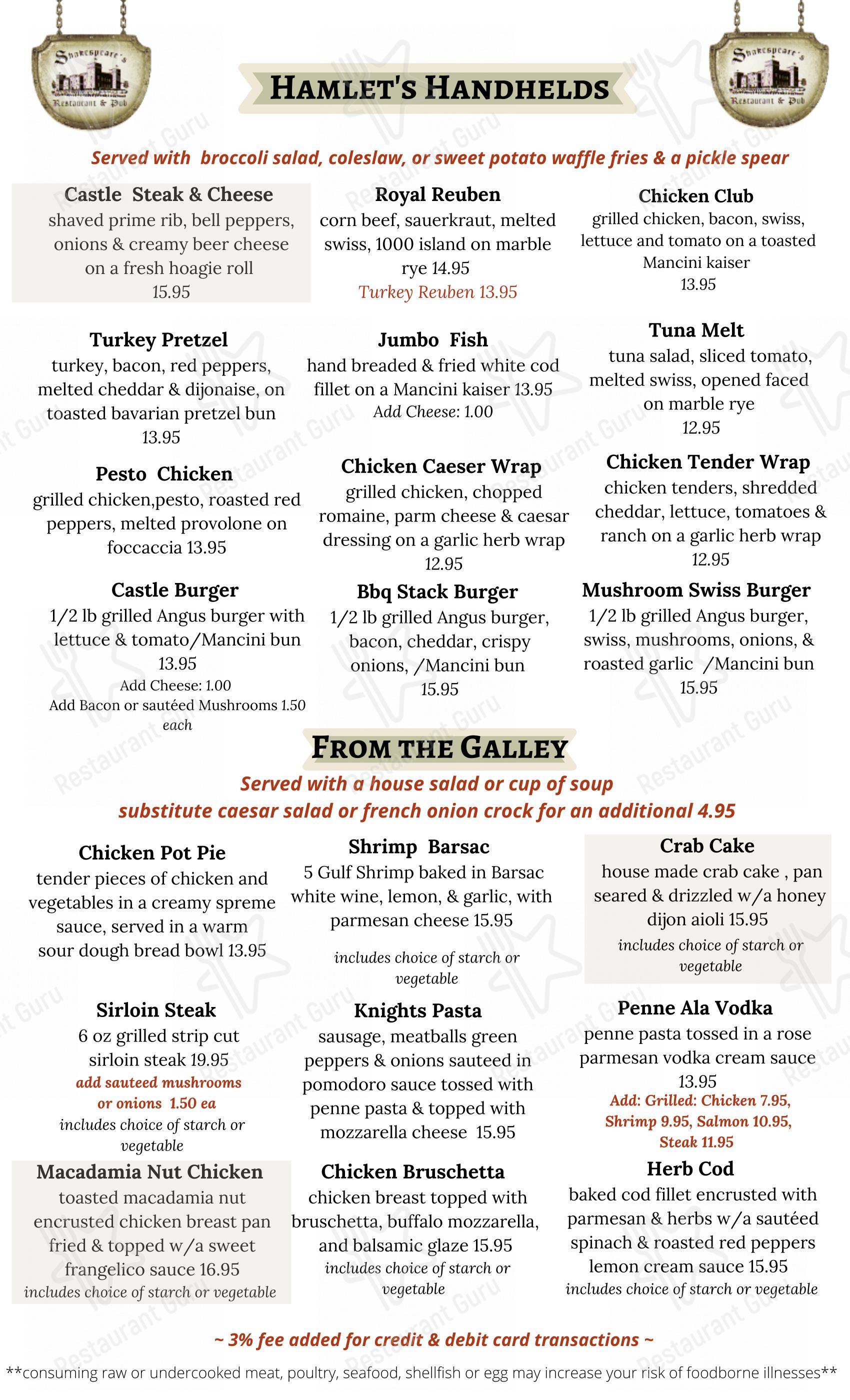 Menu at Shakespeare's Restaurant & Pub, Ellwood City
