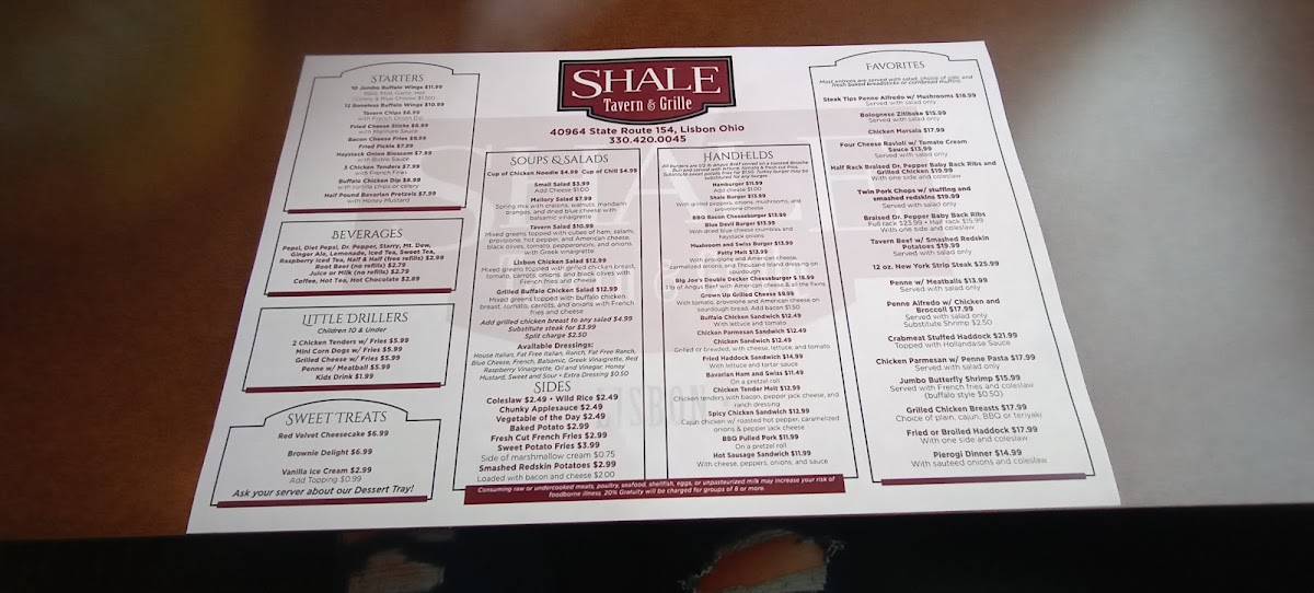 Menu at Shale Tavern & Grille restaurant, Lisbon