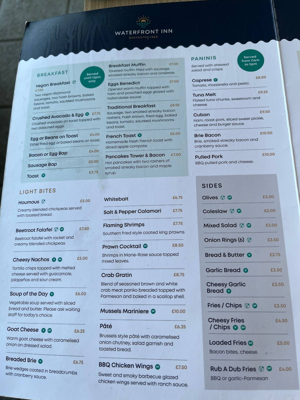 Menu at The Waterfront Inn restaurant, Shanklin