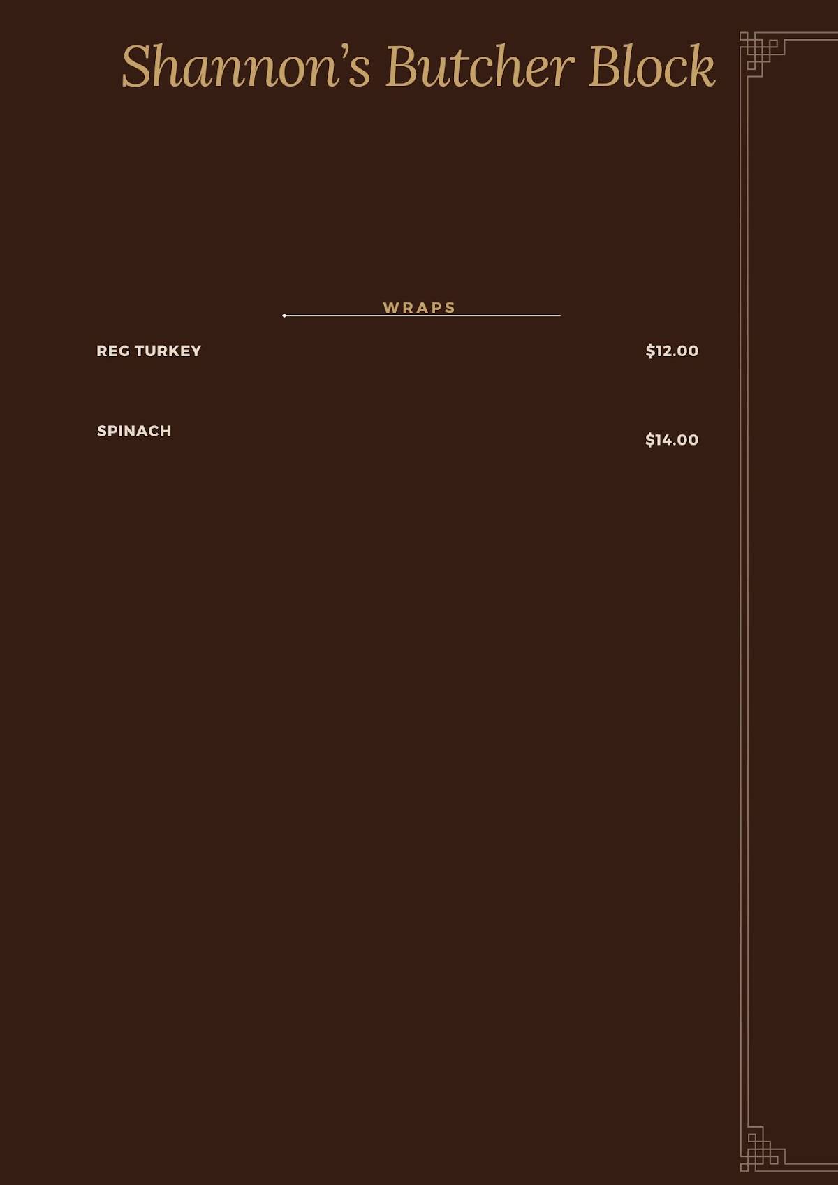 Menu at Shannon’s Butcher Block restaurant, Many