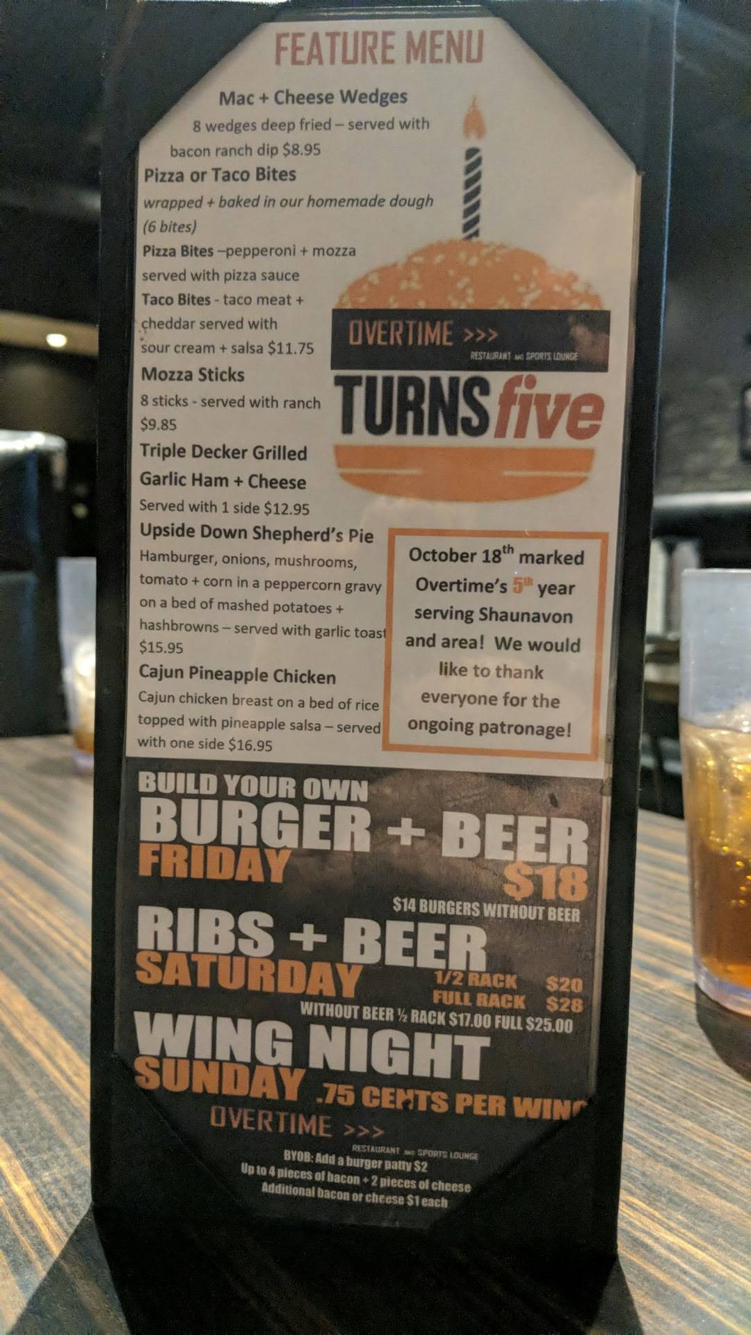 Menu at Overtime pub & bar, Shaunavon