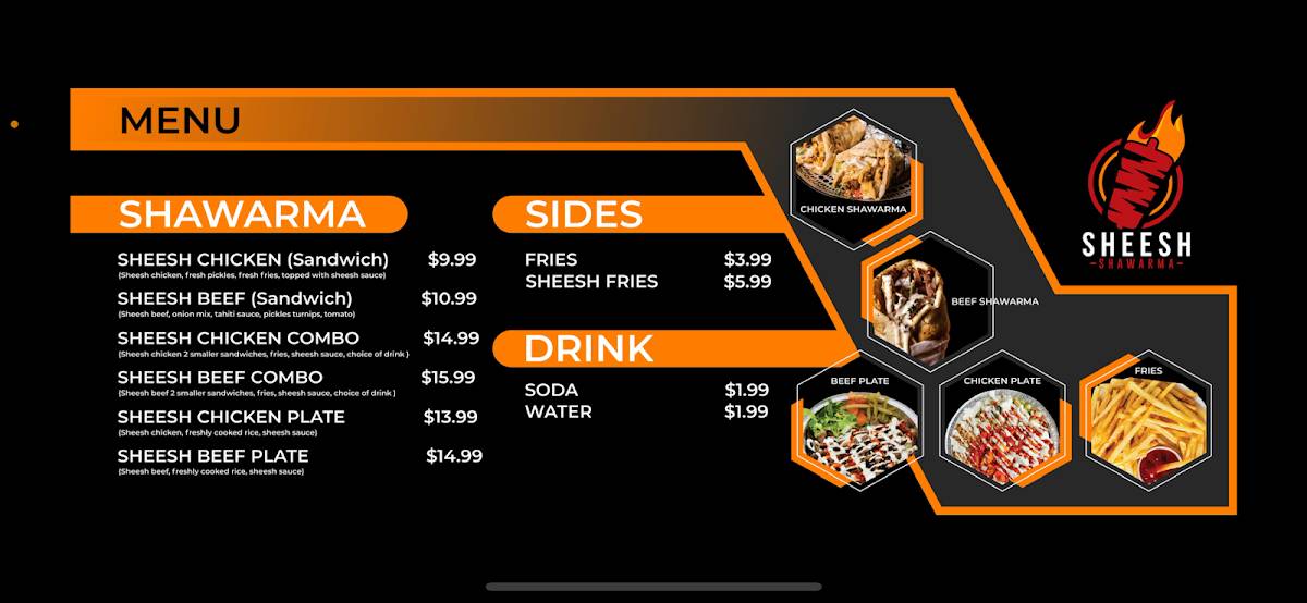 Menu at Sheesh Shawarma restaurant, Portland