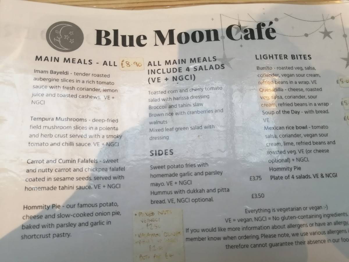 Menu at Blue Moon Café cafe, Sheffield